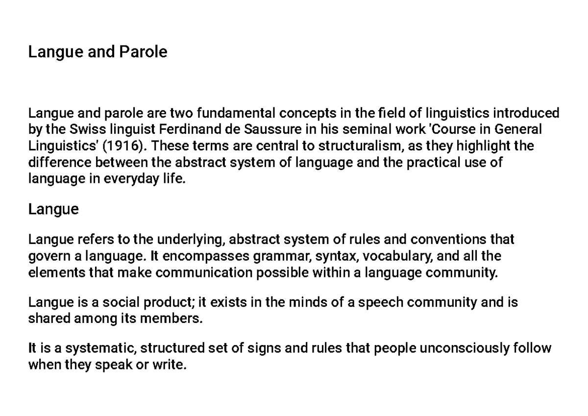 Langue and Parole - Critical Studies - Langue and Parole Langue and ...