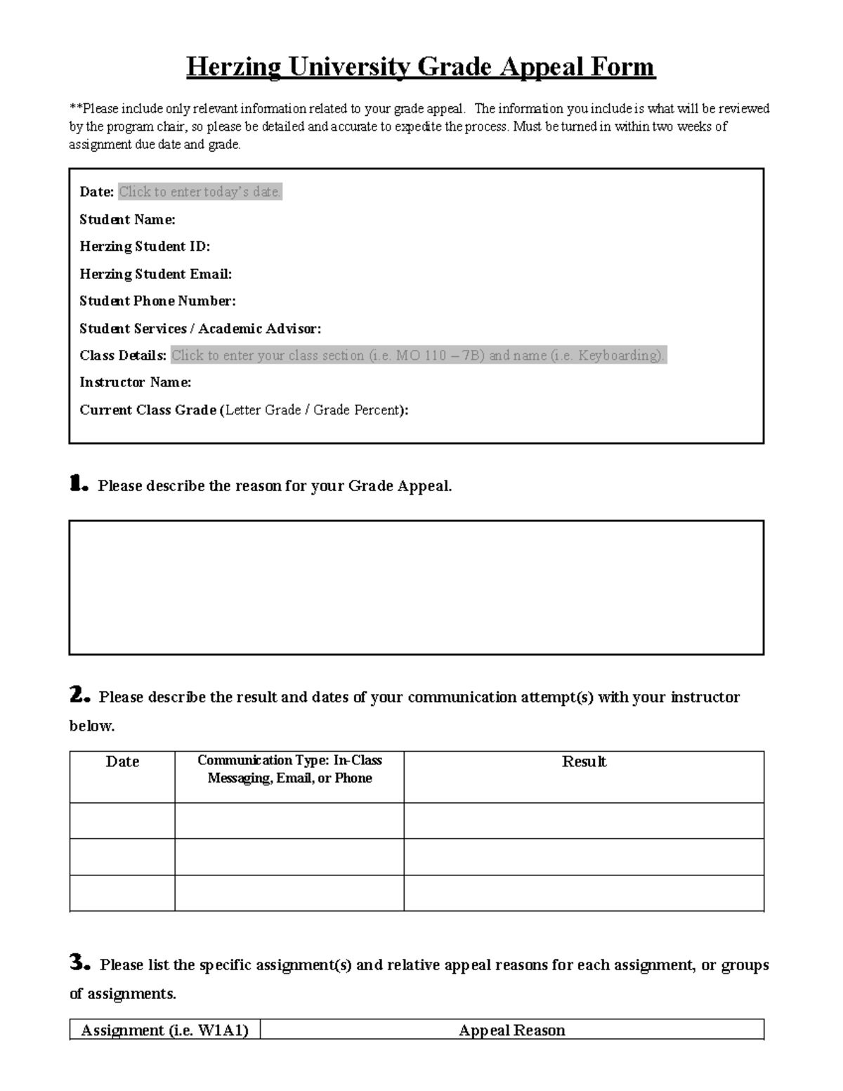 Grade Appeal Student Form - Herzing University Grade Appeal Form **Please include only relevant ...
