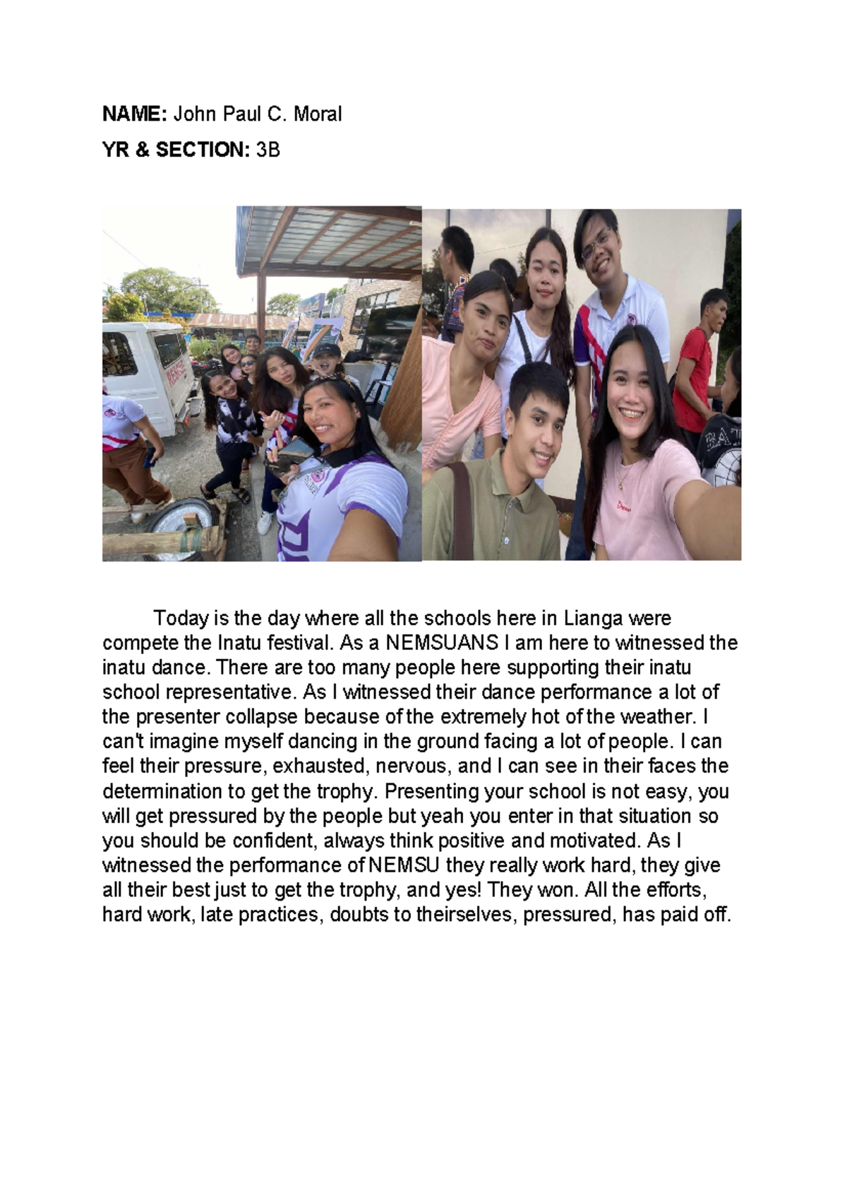 Inatu-reflection-P - Festive - NAME: John Paul C. Moral YR & SECTION ...