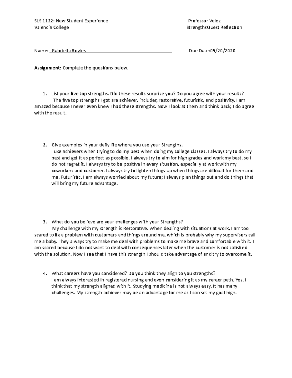 Strengths Quest Reflection nse - SLS 1122: New Student Experience ...