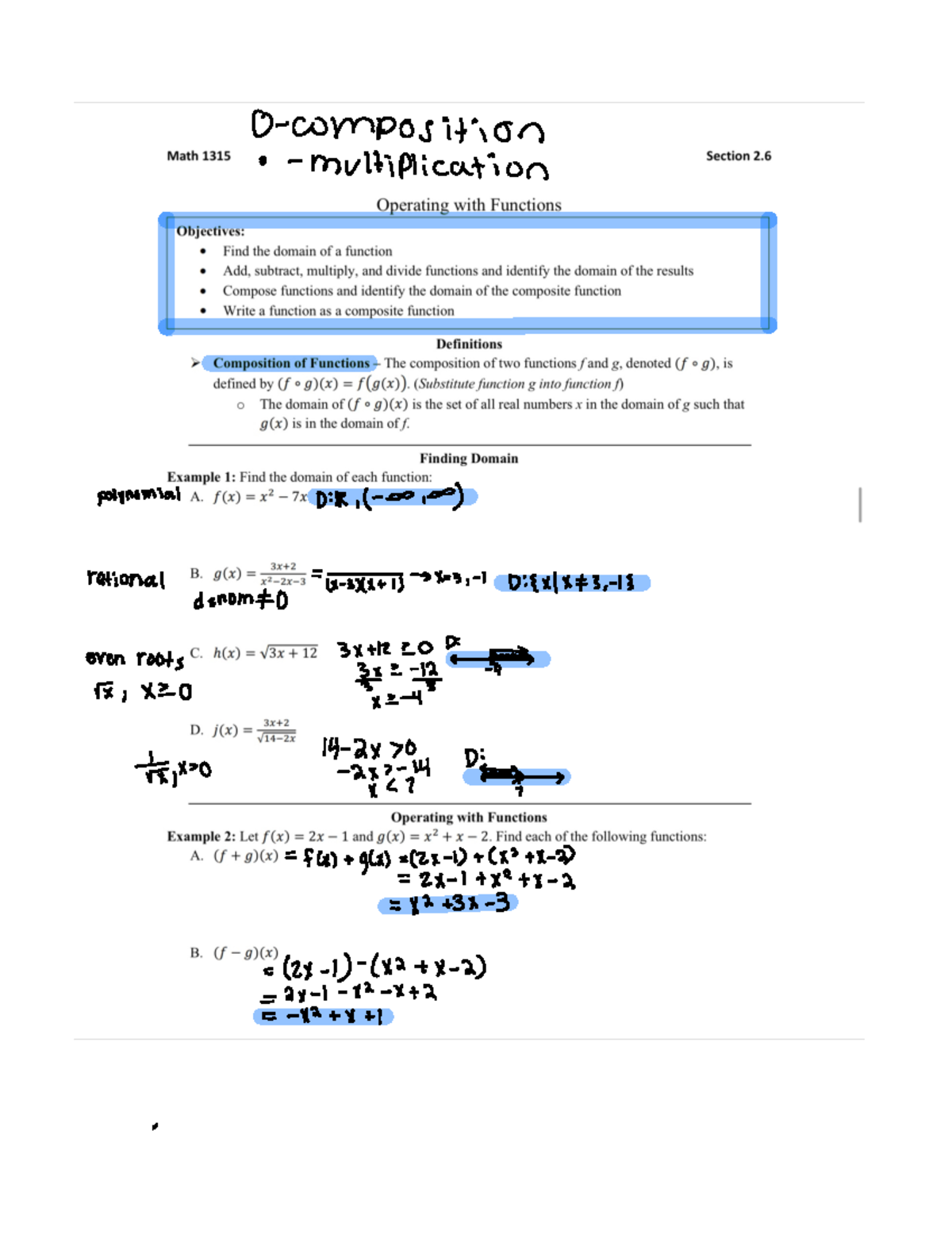 2.6 college algebra practice problems - MATH 1315 - O composition ...