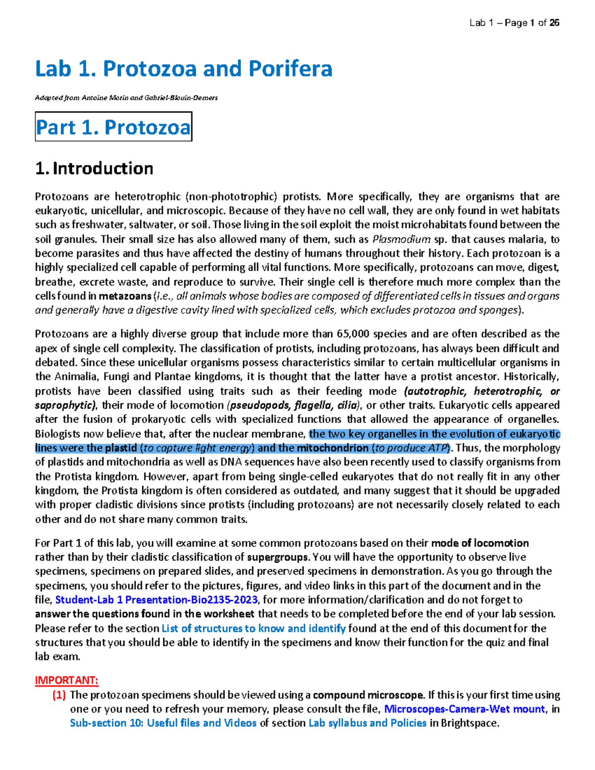 Lab 1-Protozoa and Porifera-2023-b - Lab 1. Protozoa and Porifera ...