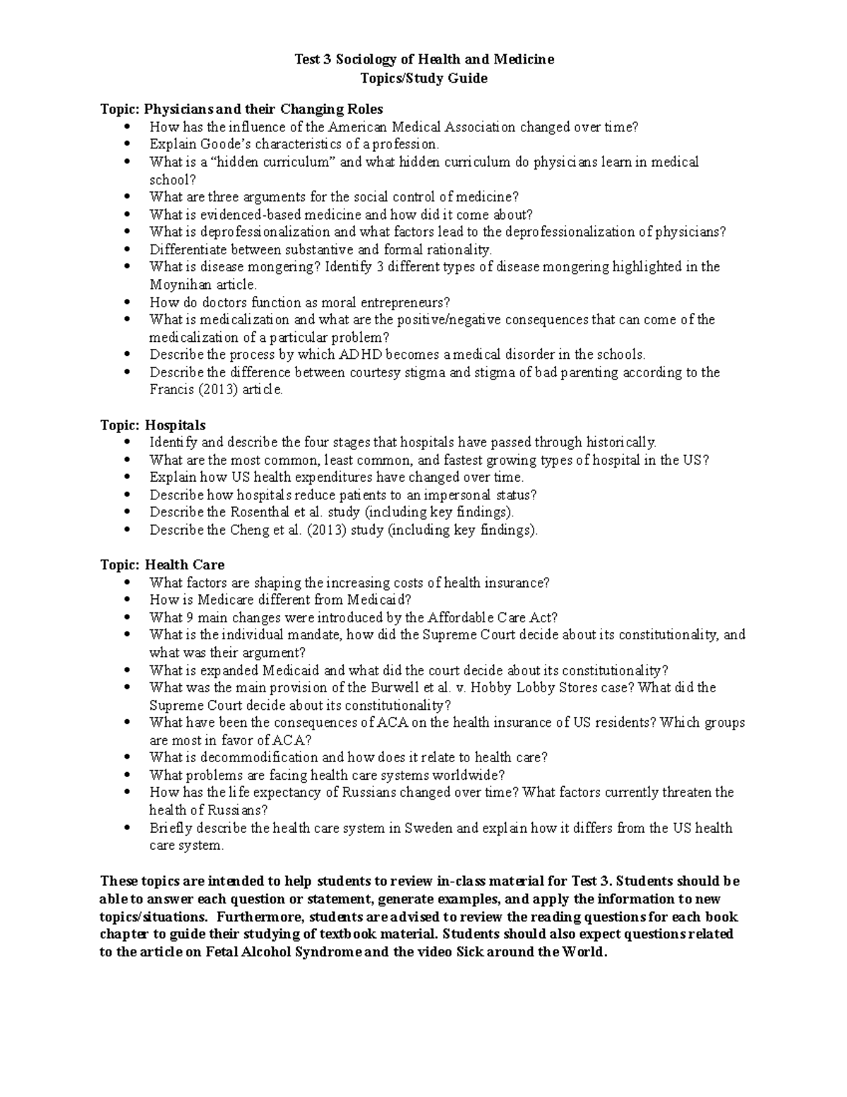 Study guide 3 - Test 3 Sociology of Health and Medicine Guide Topic ...