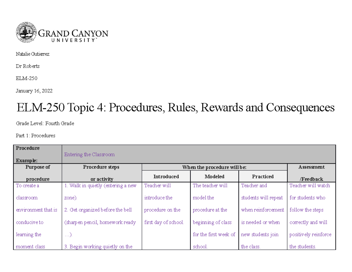 Mine - ELM-250 Classroom Procedures, Rules, Consequences and Rewards ...