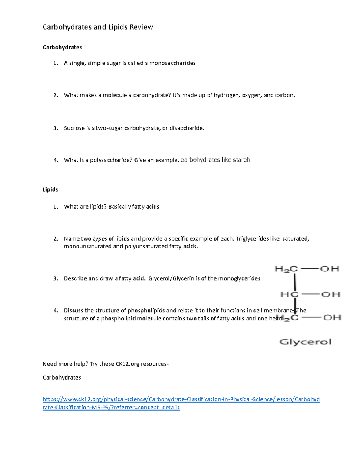 Qa'Saun J. Carbohydrates Lipids WS - Carbohydrates and Lipids Review ...