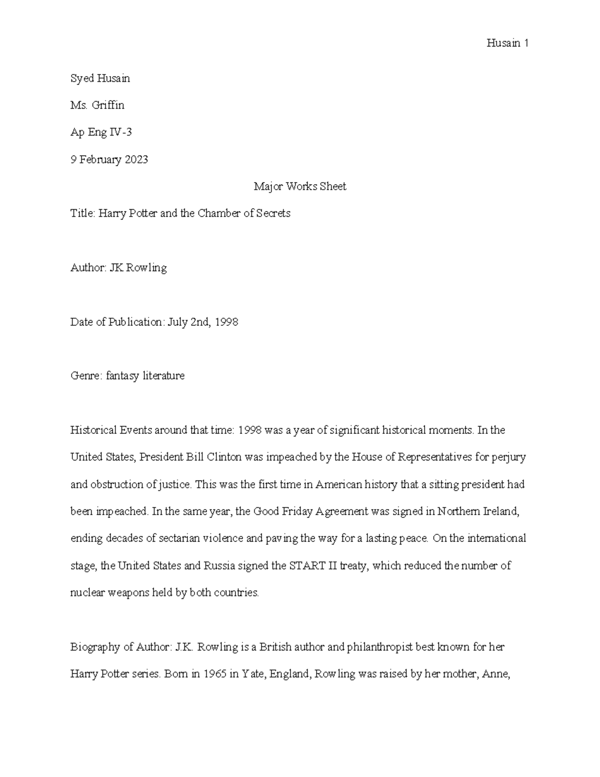 Major Works Sheet - Syed Husain Ms. Griffin Ap Eng IV- 9 February 2023 ...