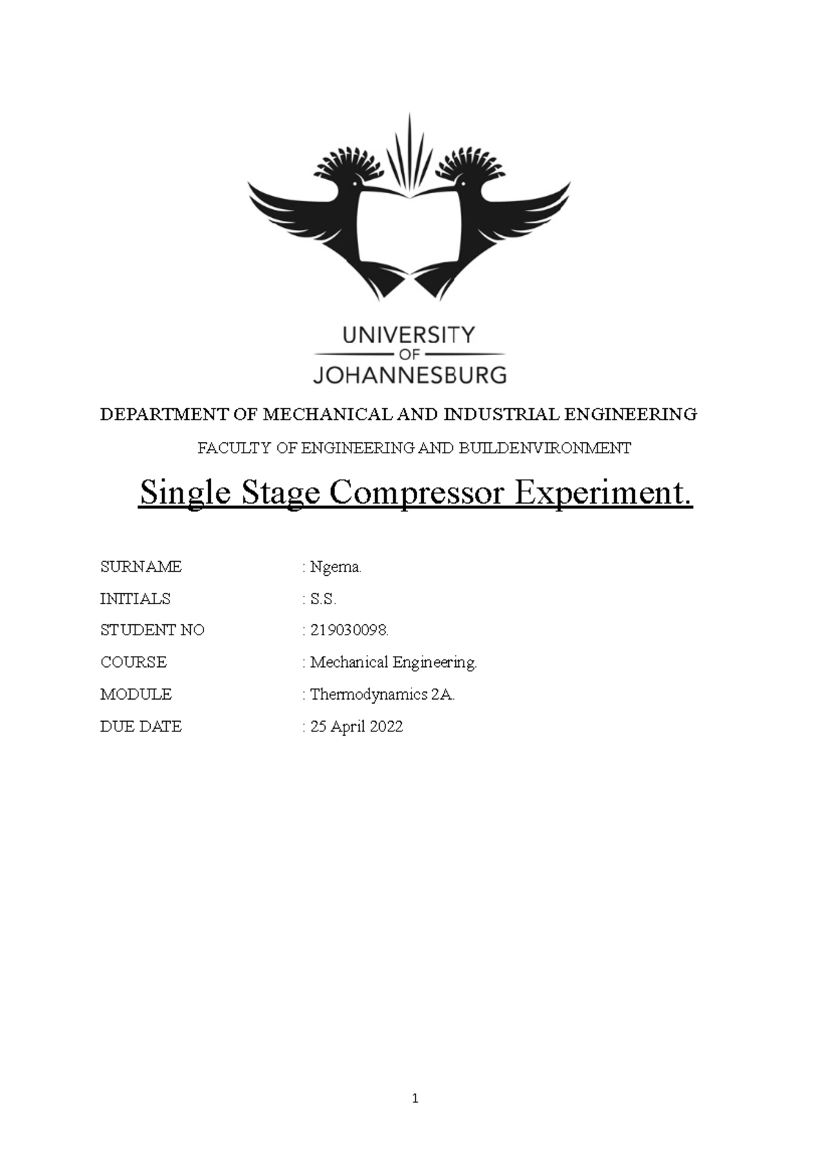 Compressor Experiment LAB Report - DEPARTMENT OF MECHANICAL AND ...