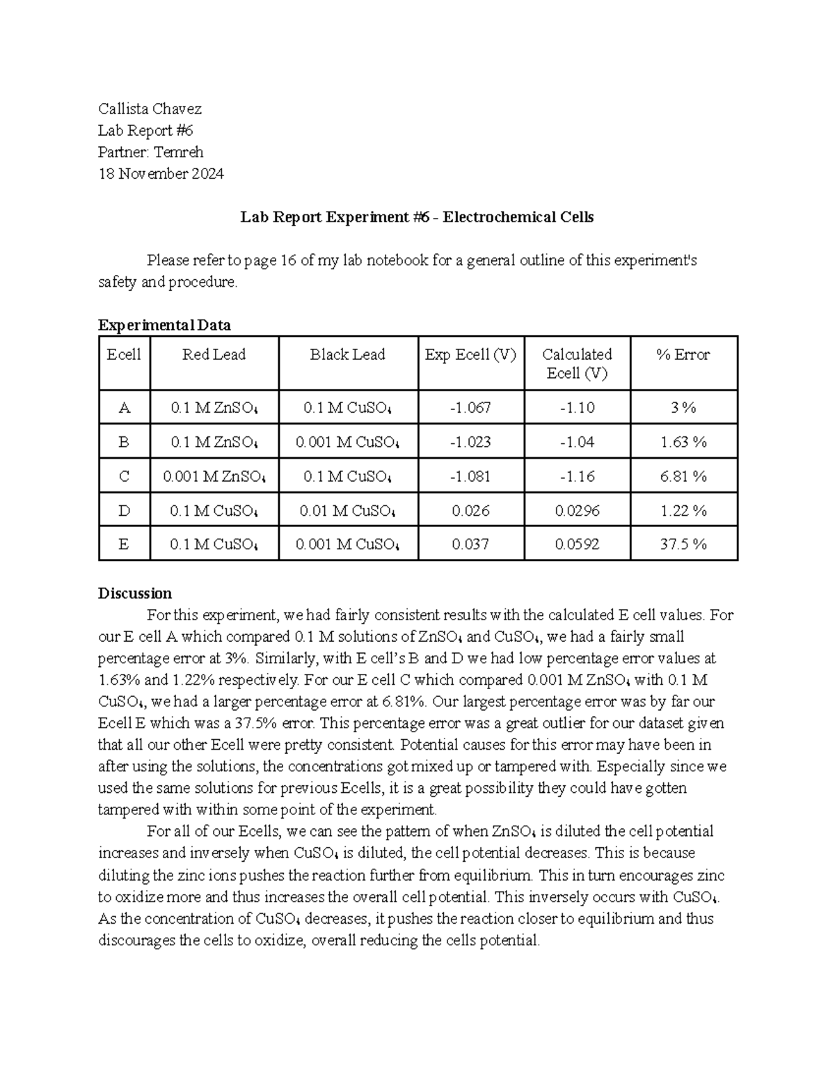 Chem Lab Report - Electrochemical Cells - Callista Chavez Lab Report ...