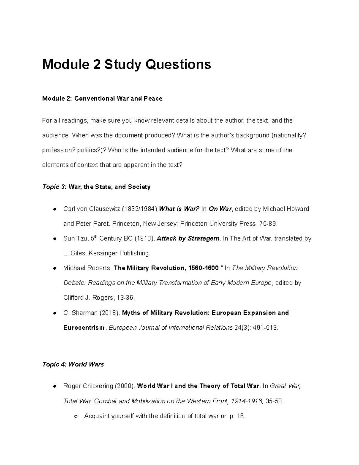 Module 2 Study Questions - Module 2 Study Questions Module 2: Conventional War and Peace For all ...