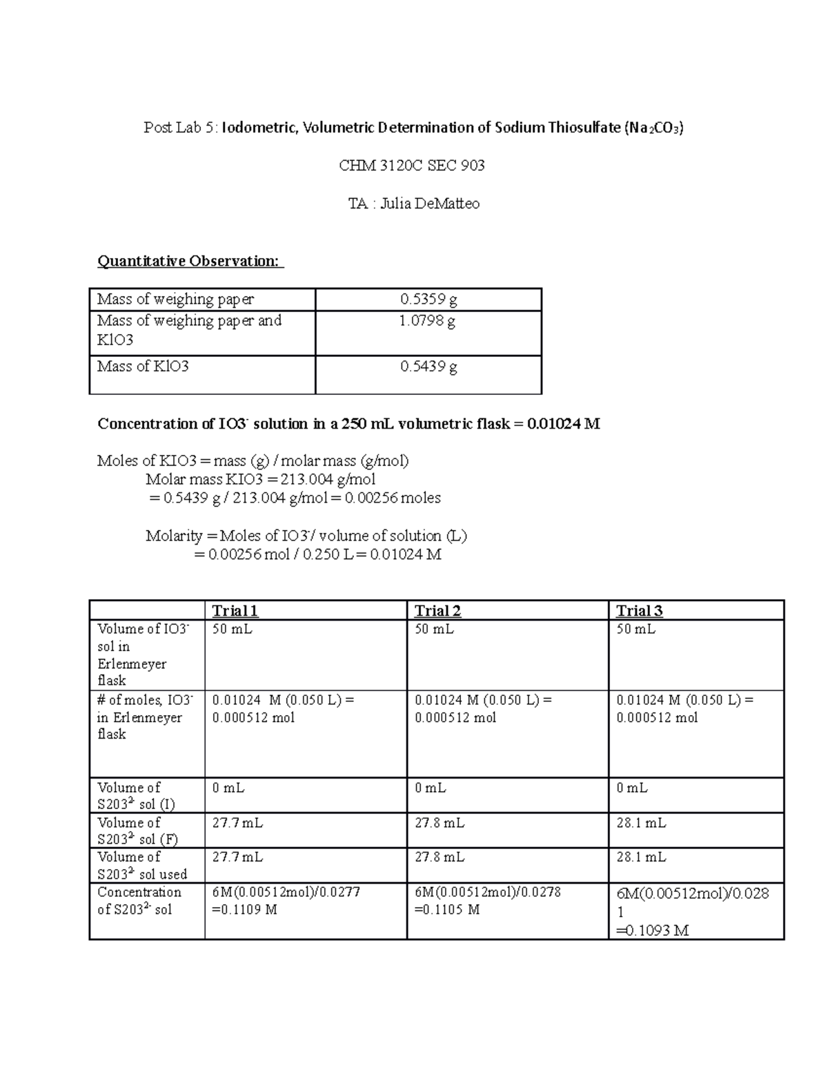 Post Lab 5 - Post lab 5 calculations and tables - Post Lab 5: Iodometric, Volumetric ...
