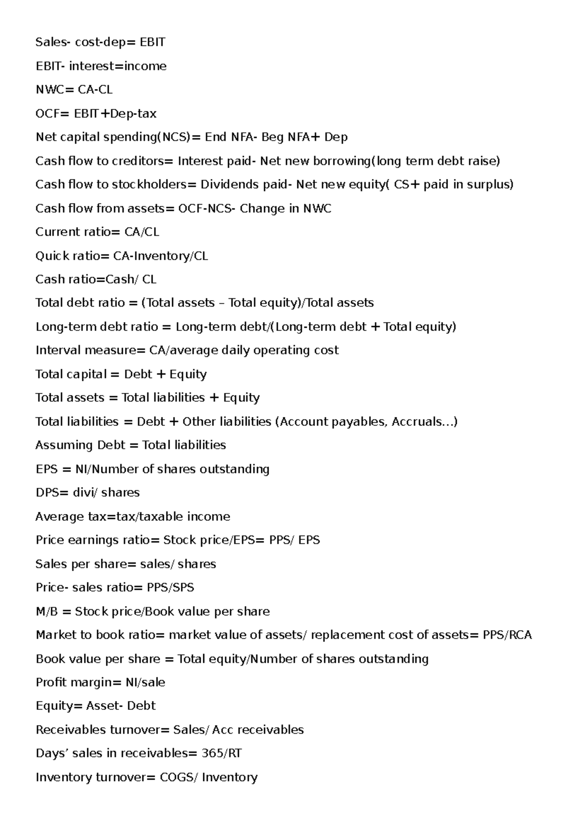 Cthuc tchinh - gBDFBDFNDFBSGaergae - Sales- cost-dep= EBIT EBIT ...