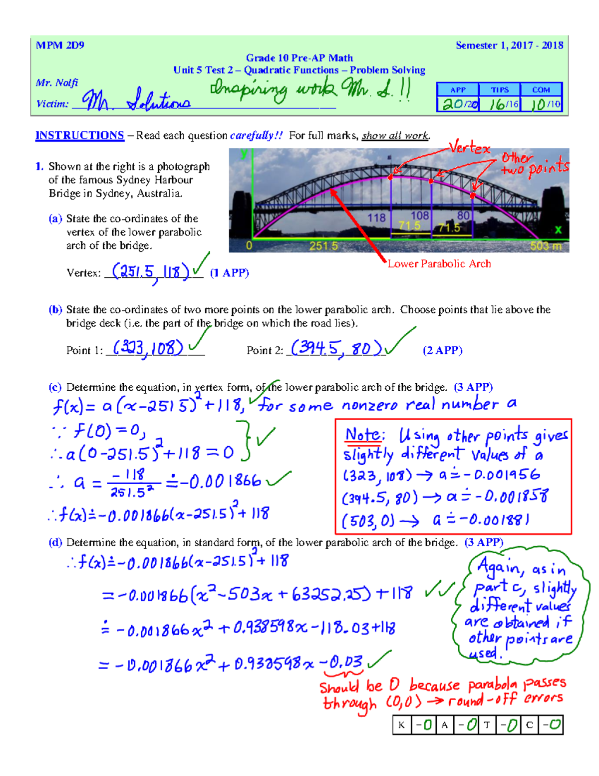 2018-01-12-Solutions-Unit 5 - Quadratic Functions - Major Test 2 ...