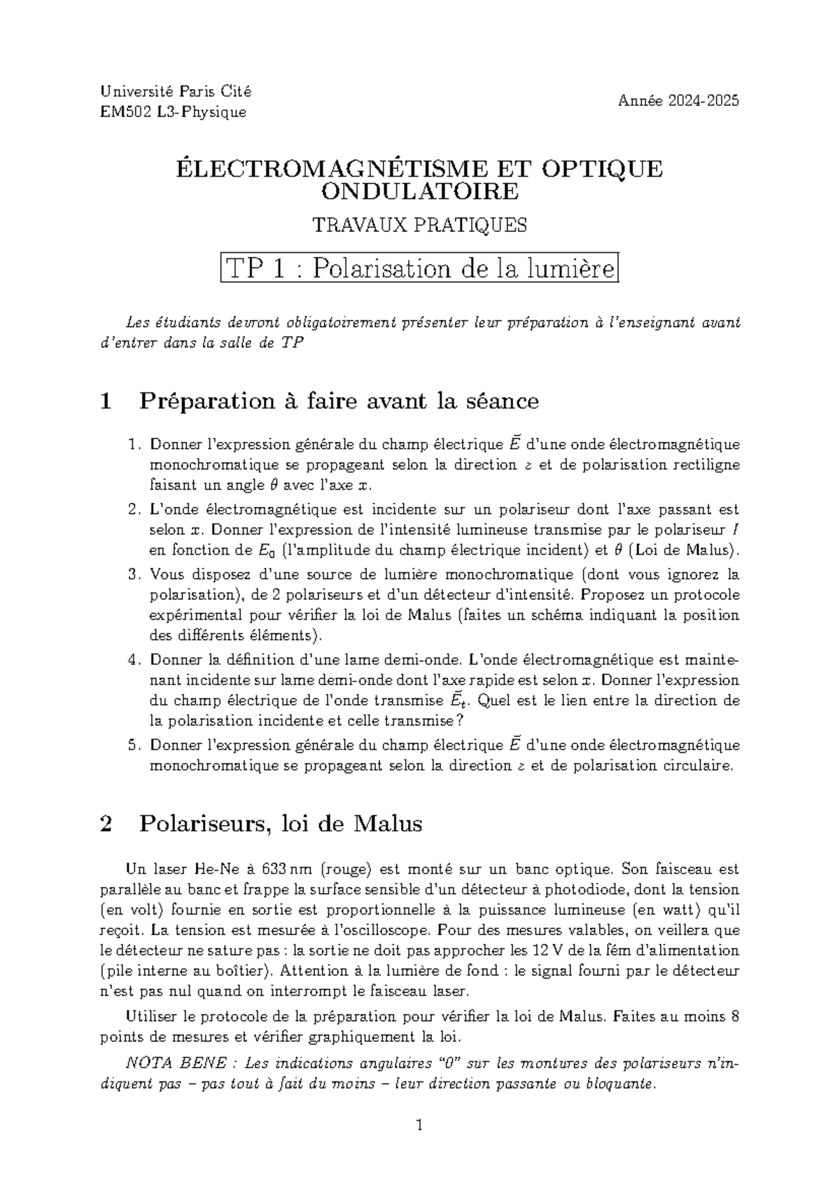TP1 2024 - optiue ondulatoire et électromagnétisme dans les milieux L3 - Université Paris Cité ...