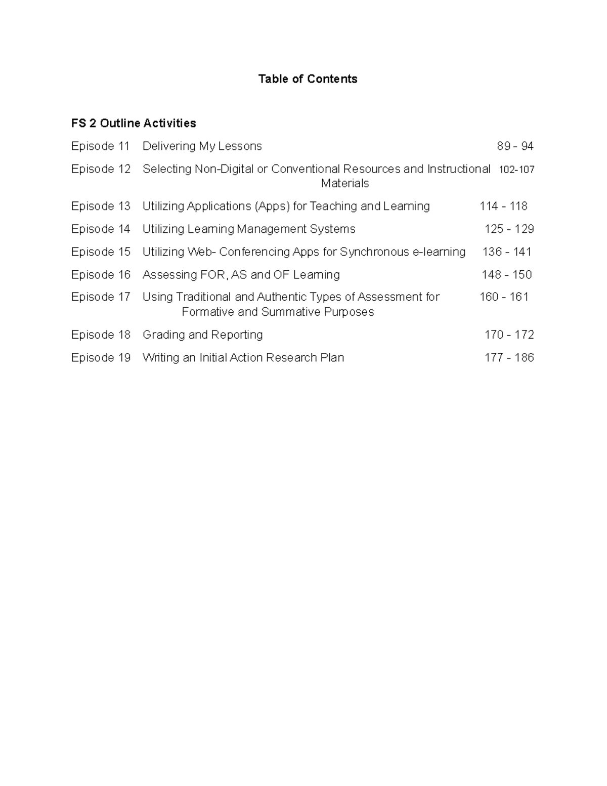 FS 2 Set 2 - 2 activties - Table of Contents FS 2 Outline Activities ...