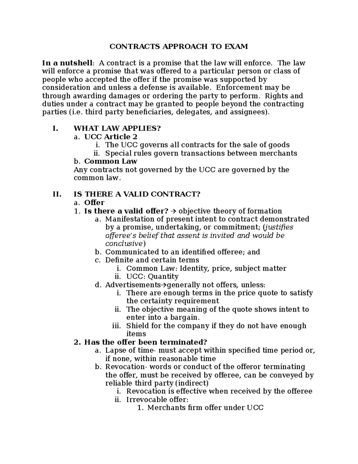 Contracts Attack Outline - CONTRACTS APPROACH TO EXAM In a nutshell: A ...