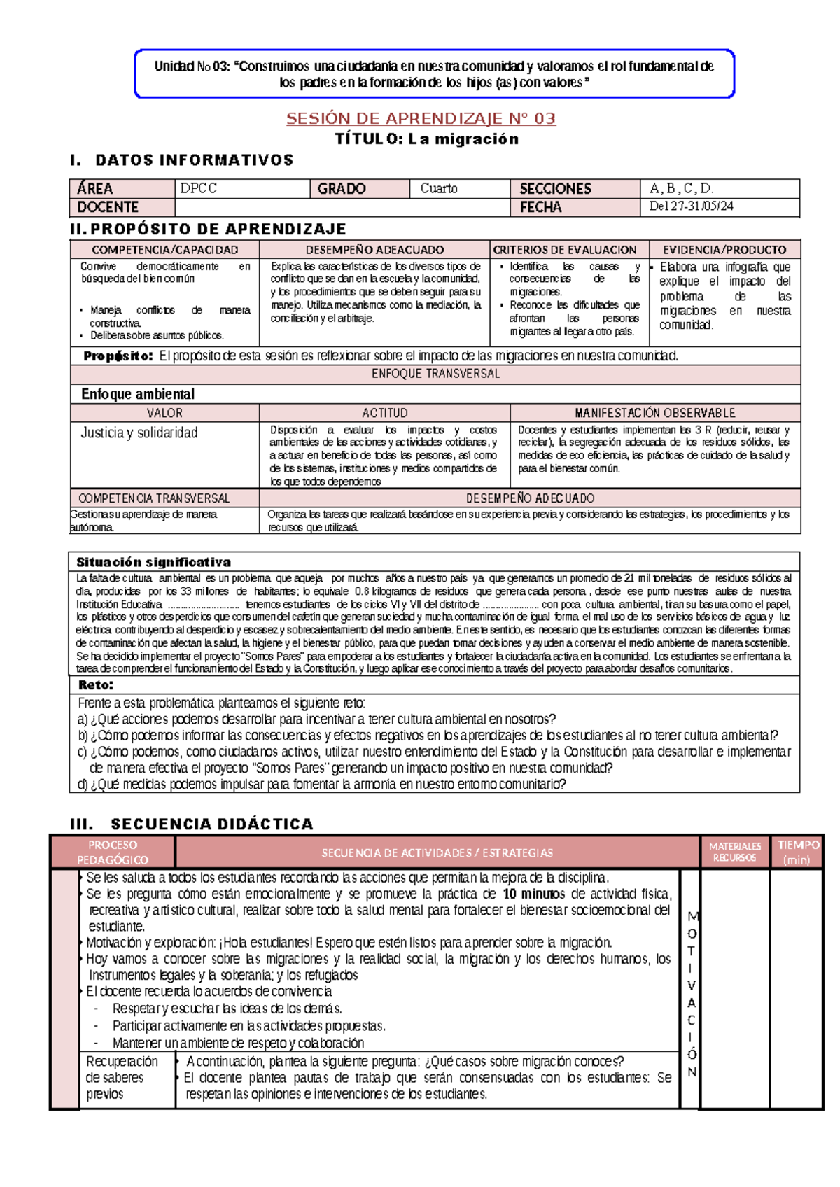 Unidad 3 - Sesión 3 - SEM 3 - DPCC 4° - SESIÓN DE APRENDIZAJE N° 03 TÍTULO: La migración I ...