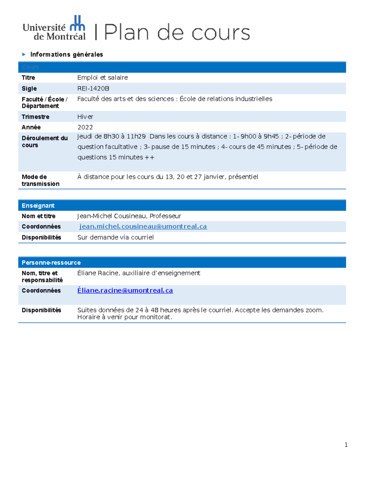 Copie Plan de cours 1420 B - Informations générales Cours Titre Emploi et salaire Sigle REI ...