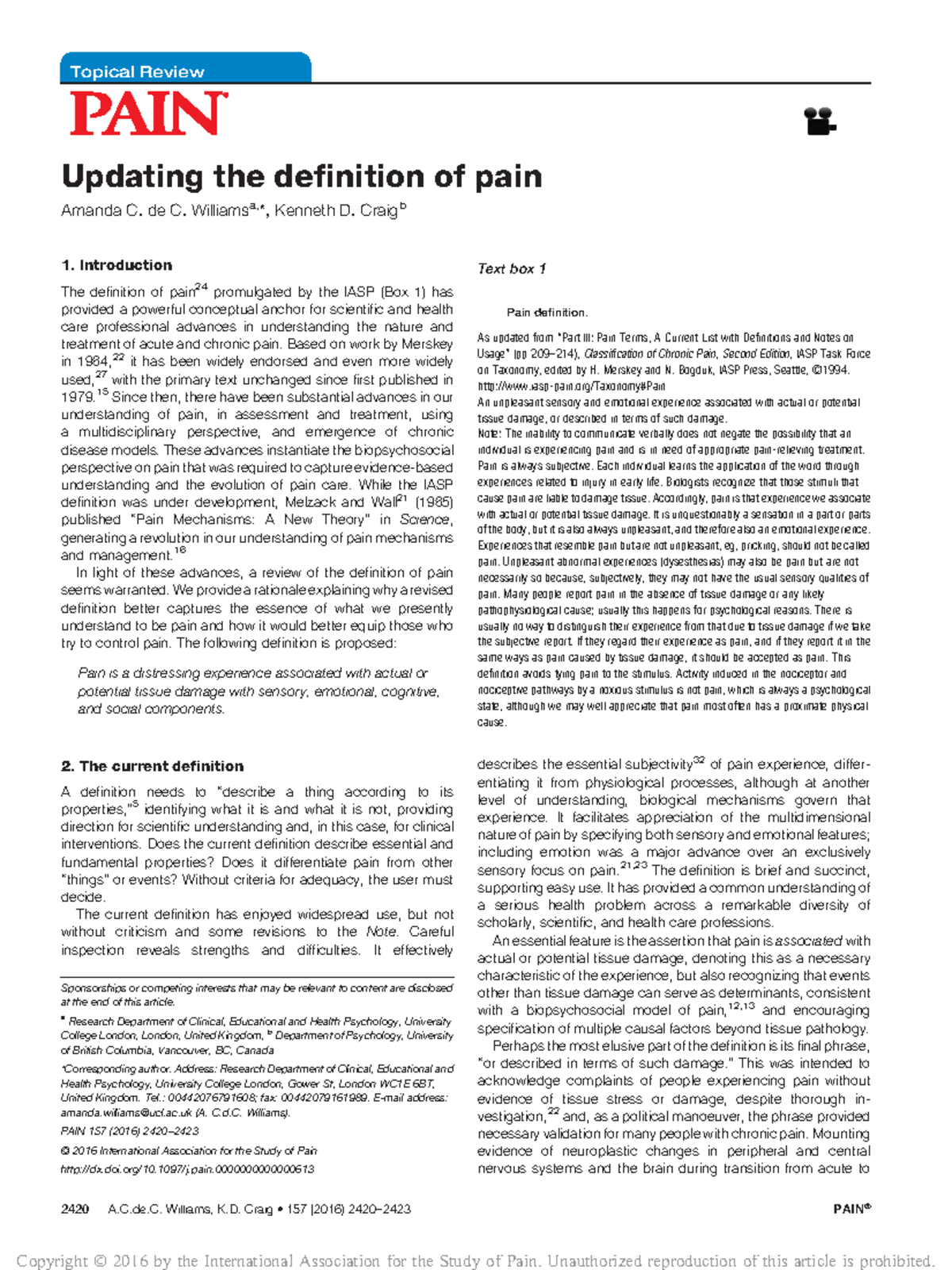 Updating the definition of pain - Topical Review Updating the ...