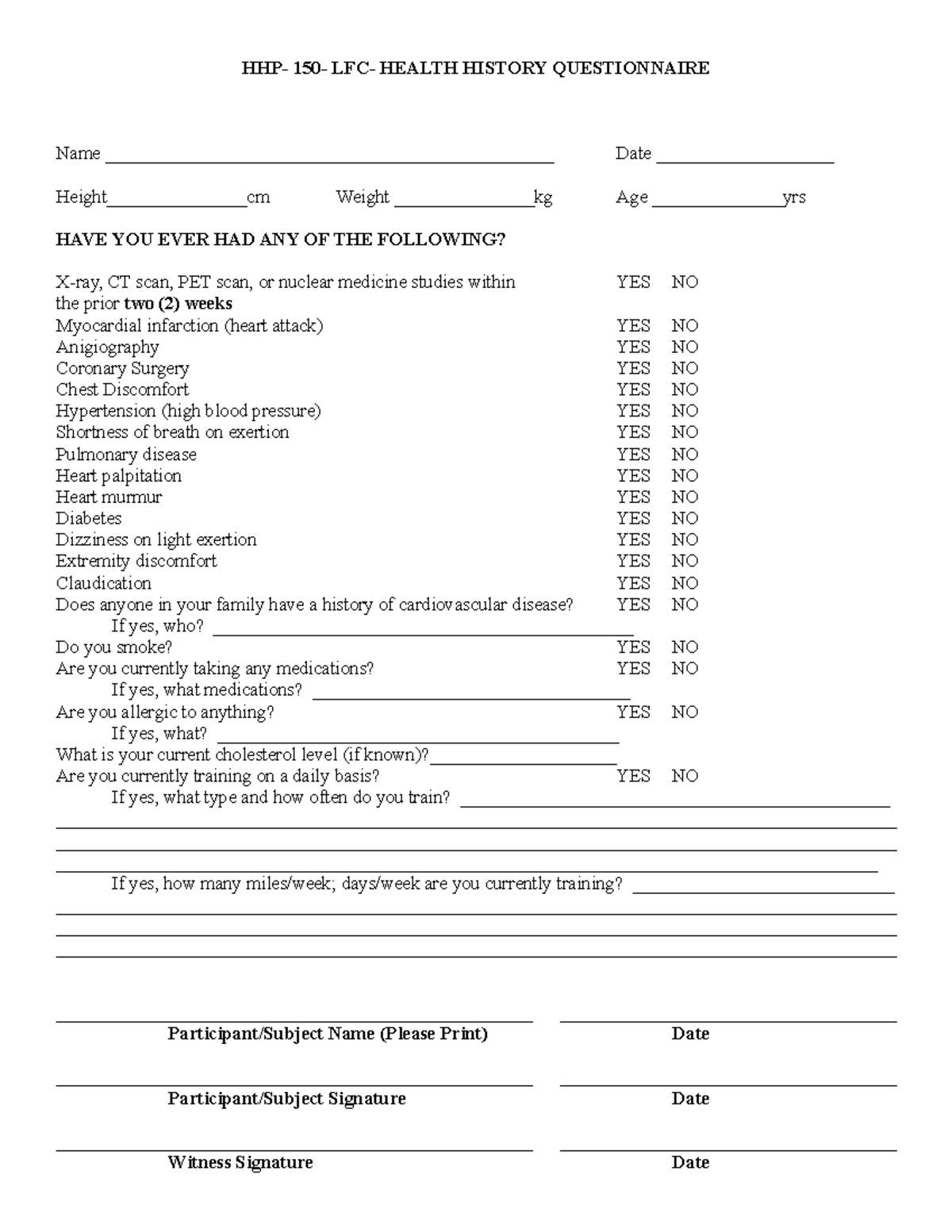 Health History Questionnaire - HHP- 150- LFC- HEALTH HISTORY ...