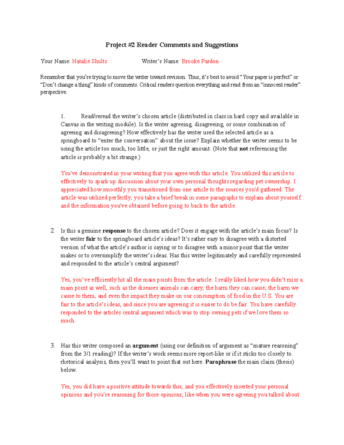 RCS Brooke - Readers Comment and Suggestions - Project #2 Reader ...