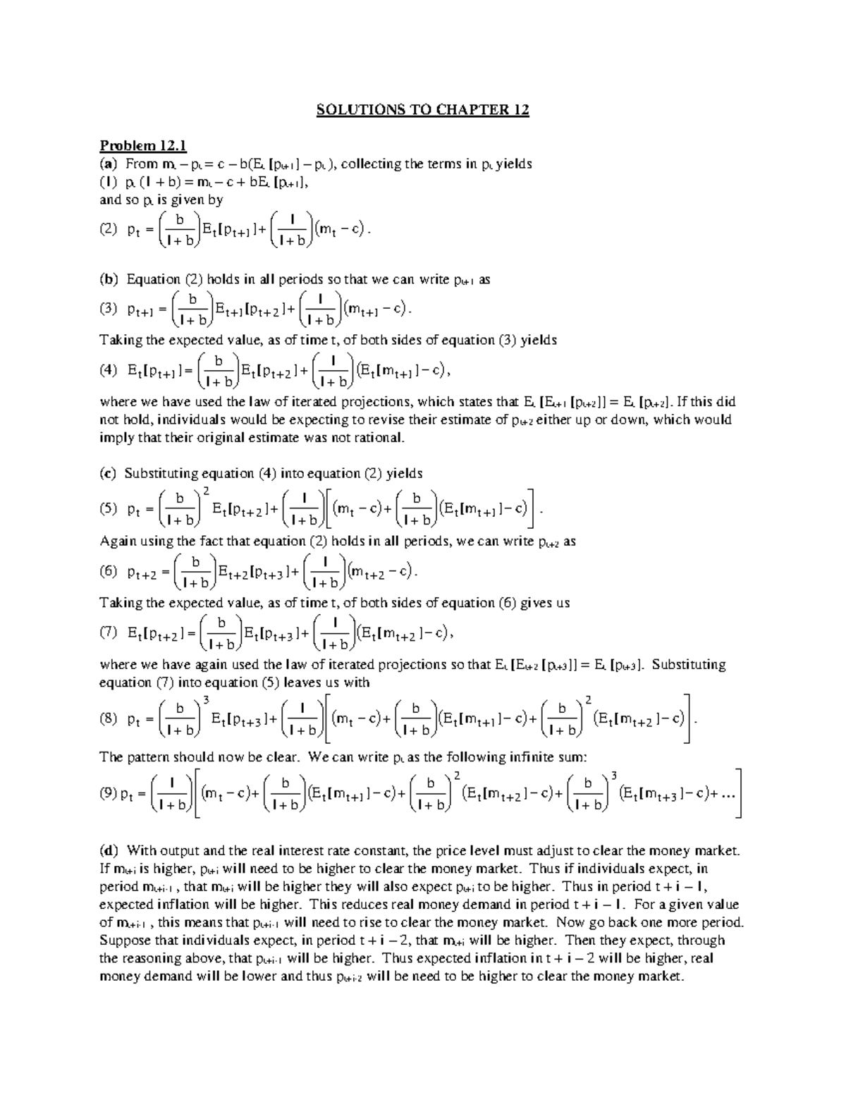 Romer 5e solutions manual 12 - SOLUTIONS TO CHAPTER 12 Problem 12. (a) From mt – pt = c – b(Et ...