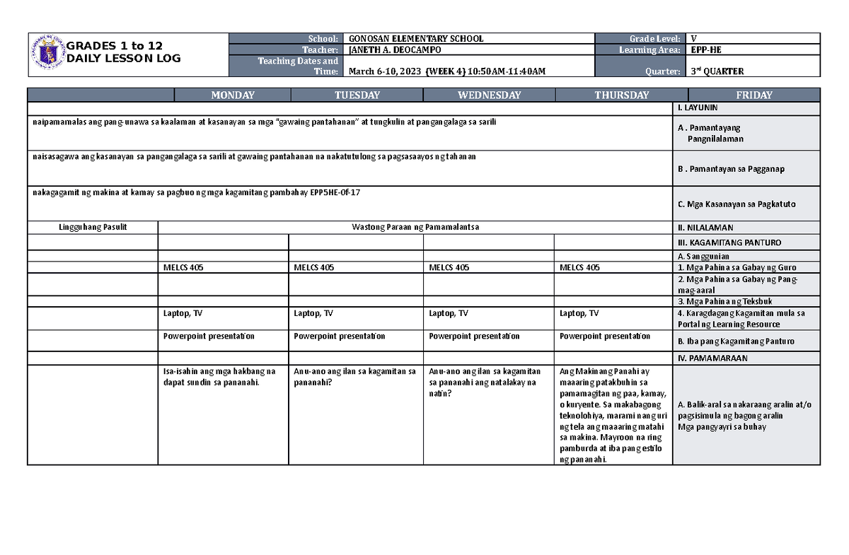 DLL EPP 5 Home Economics Week 4 - GRADES 1 to 12 DAILY LESSON LOG ...