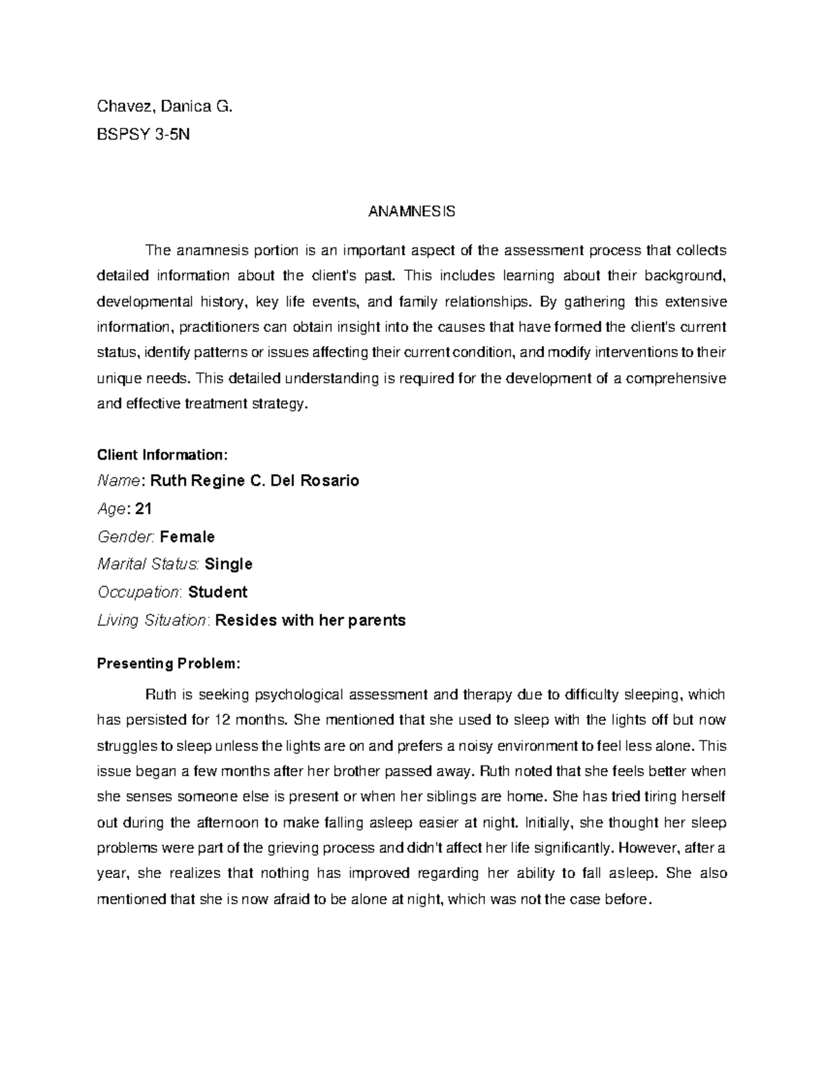 Chavez - Anamnesis - Introduction to Clinical Psychology Activity ...