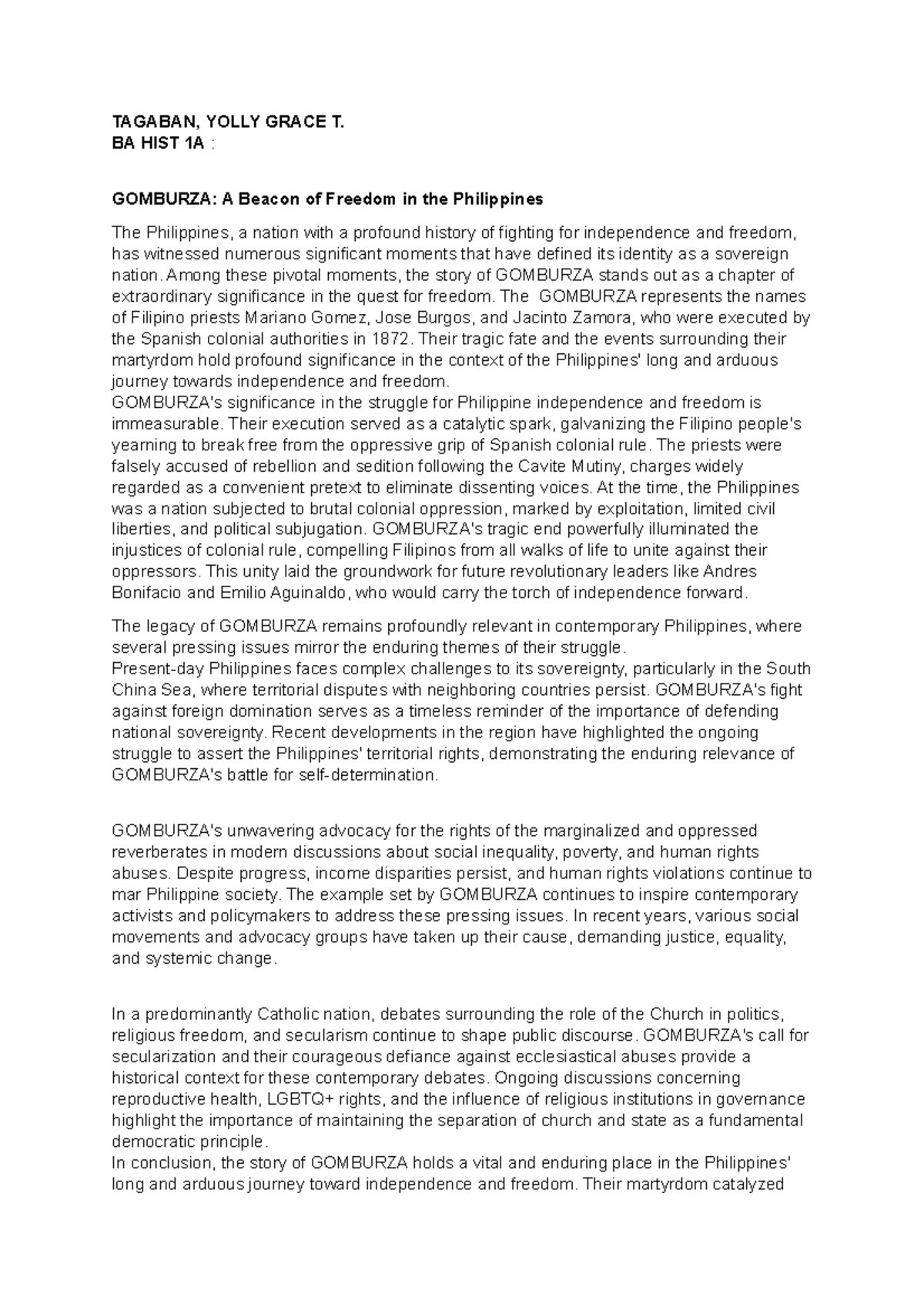 reading for good - TAGABAN, YOLLY GRACE T. BA HIST 1A : GOMBURZA: A ...