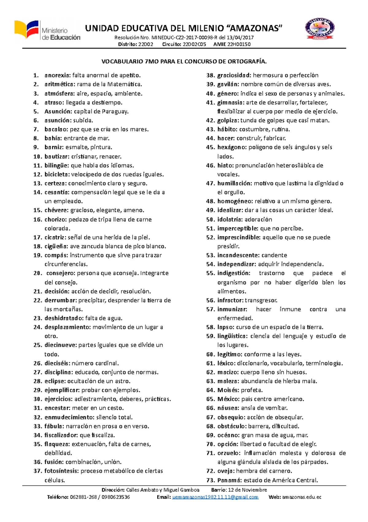 Vocabulario 7mo concurso - UNIDAD EDUCATIVA DEL MILENIO “AMAZONAS ...