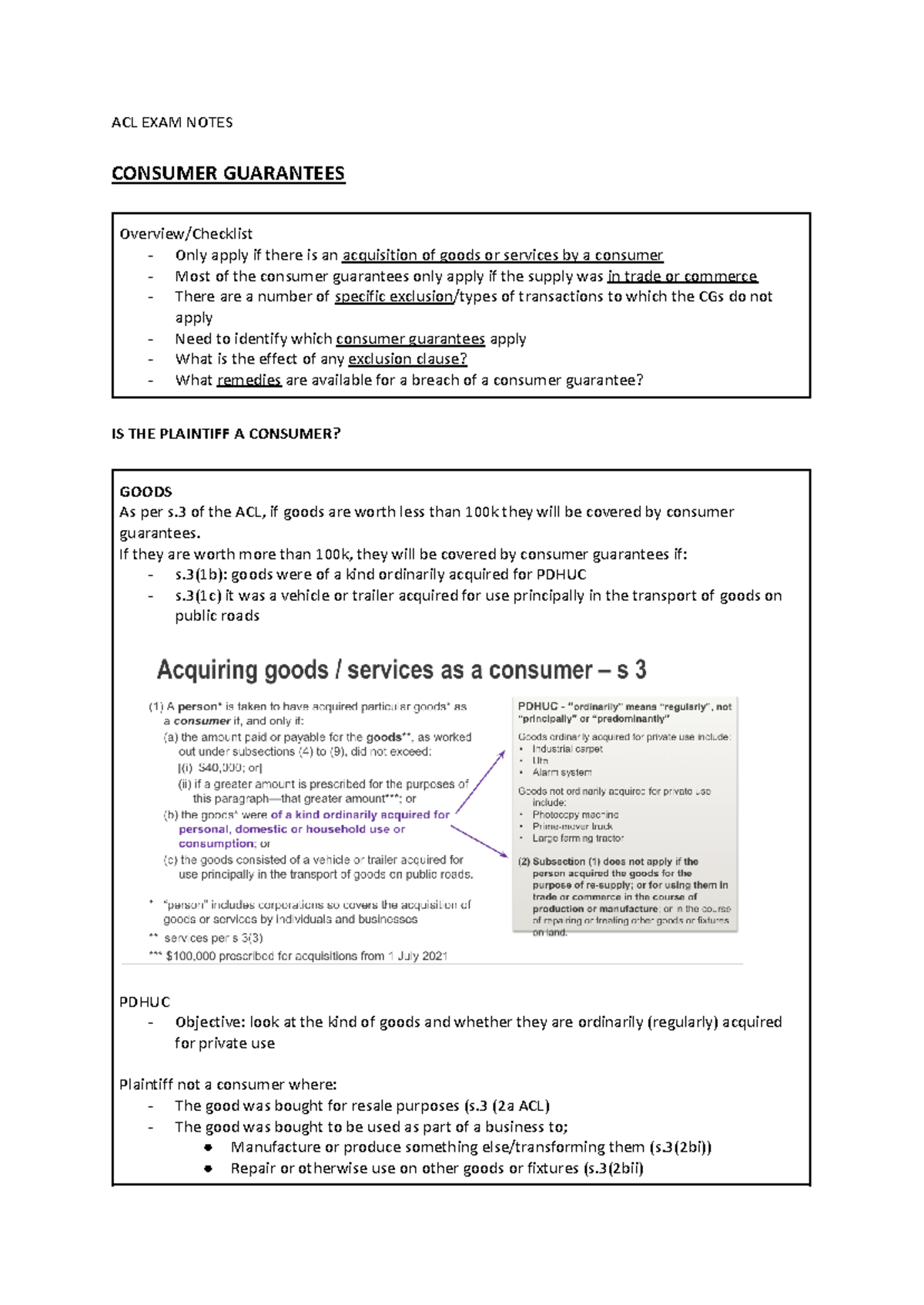 Australian Consumer Law Notes - ACL EXAM NOTES CONSUMER GUARANTEES ...