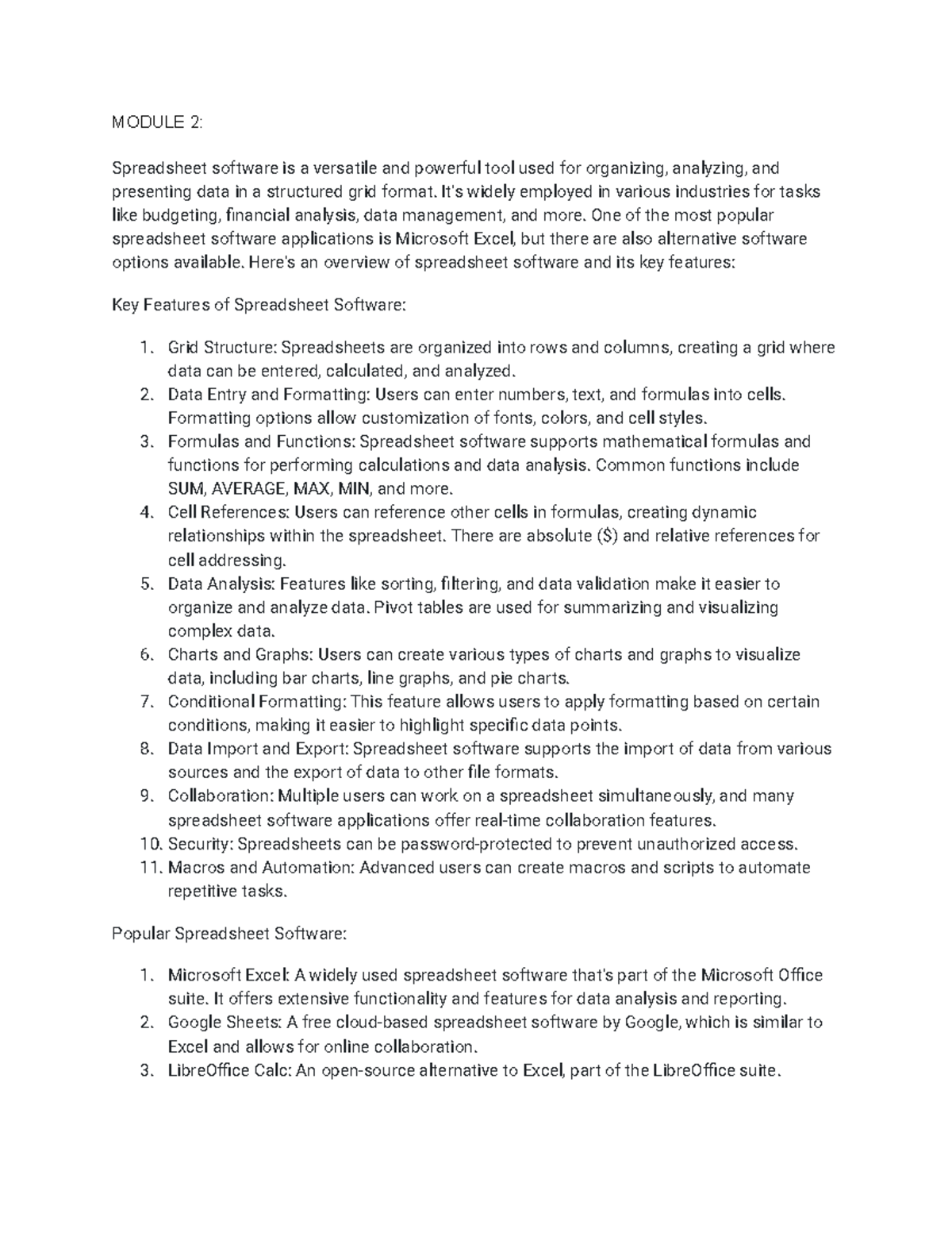 Module 2 - n/a - MODULE 2: Spreadsheet software is a versatile and ...