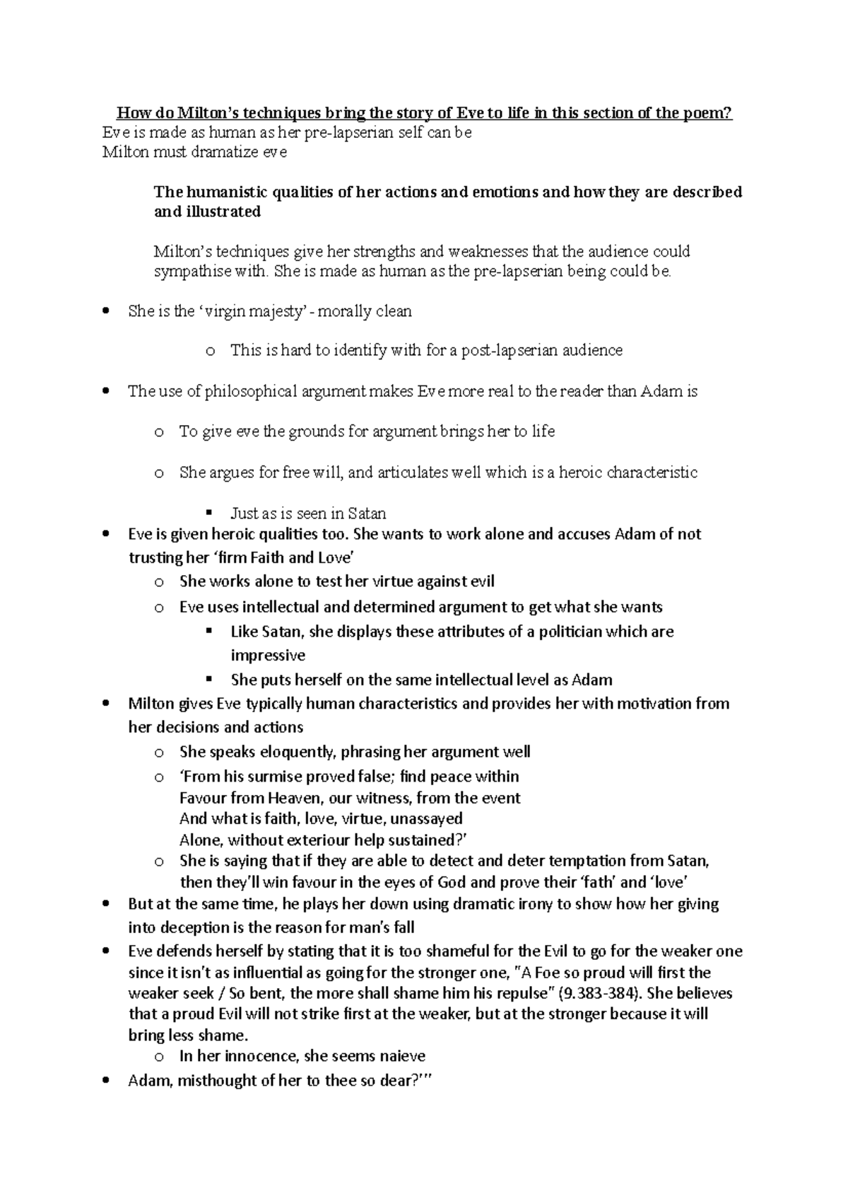 Milton techniques with Eve plan - How do Milton’s techniques bring the ...
