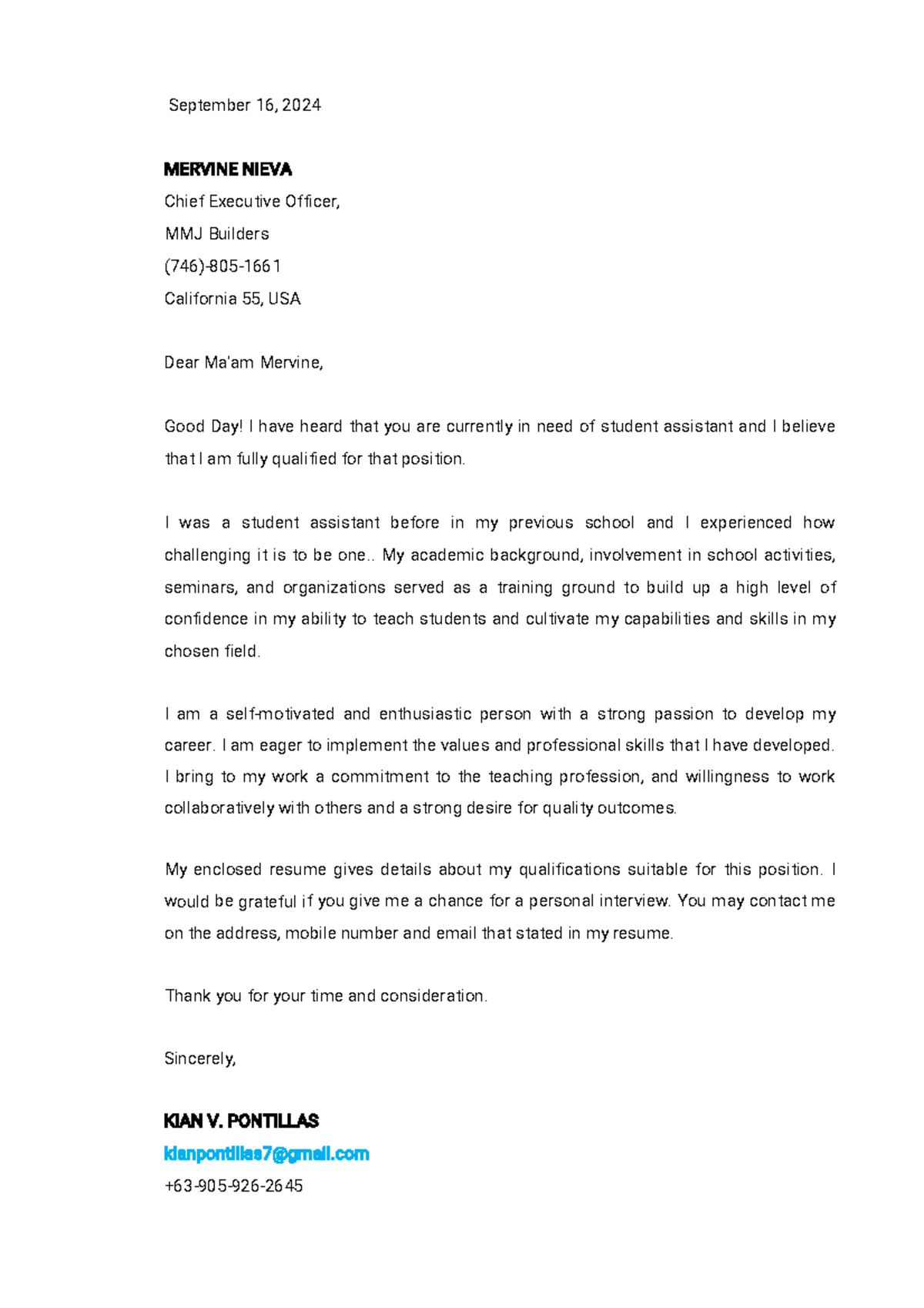 KIAN Application Letter - September 16, 2024 MERVINE NIEVA Chief ...