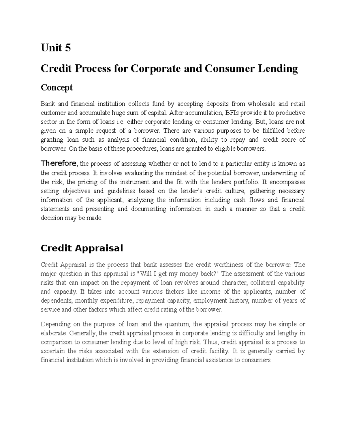 Unit 5 credit process - banking law - Unit 5 Credit Process for ...