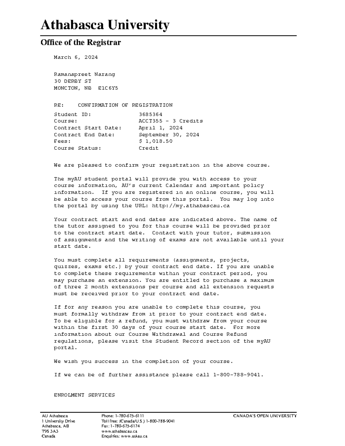 ACCT355 - Confirmation OF Registration 6115564 - Athabasca University ...