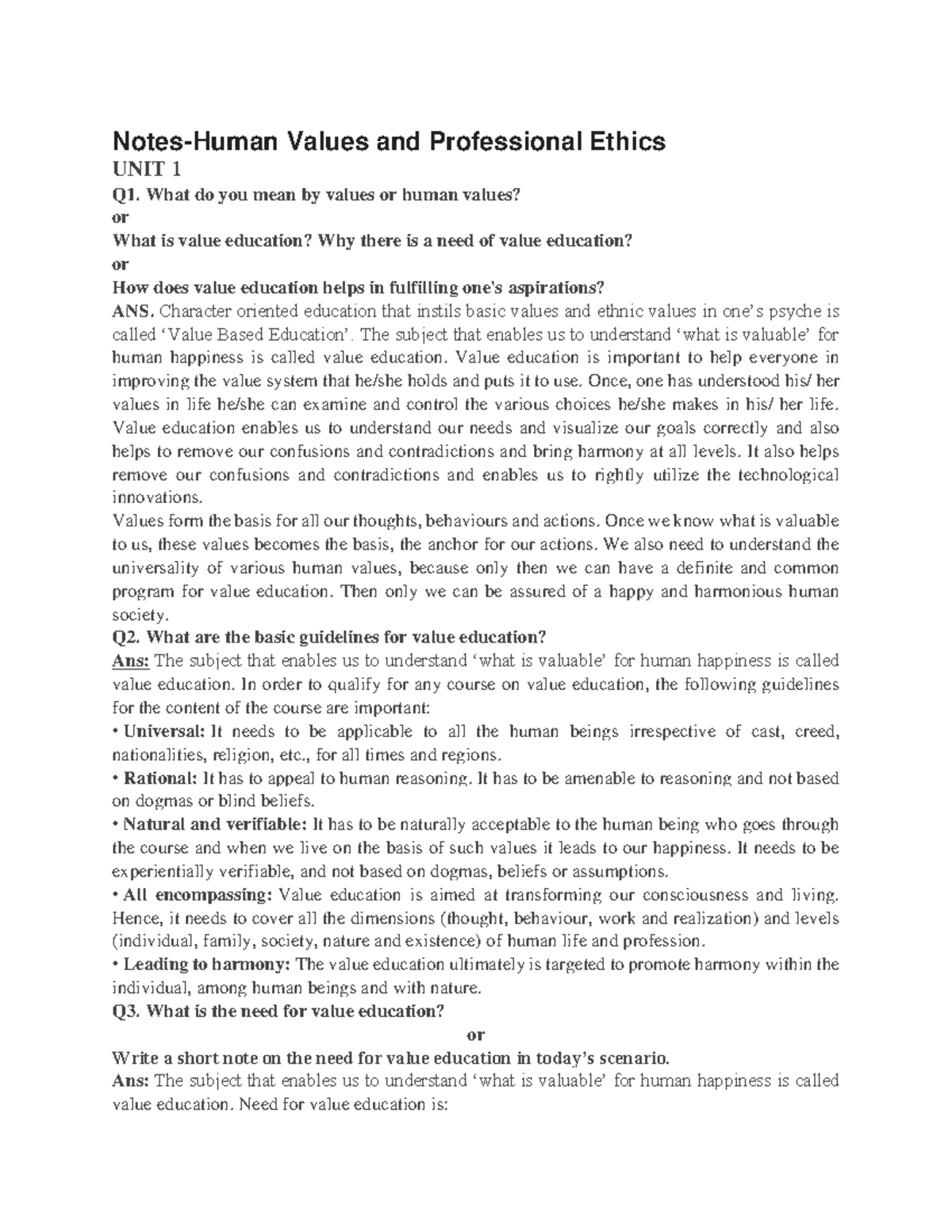 Universal Human values ALL UNITS UHV-2 - Notes-Human Values and ...
