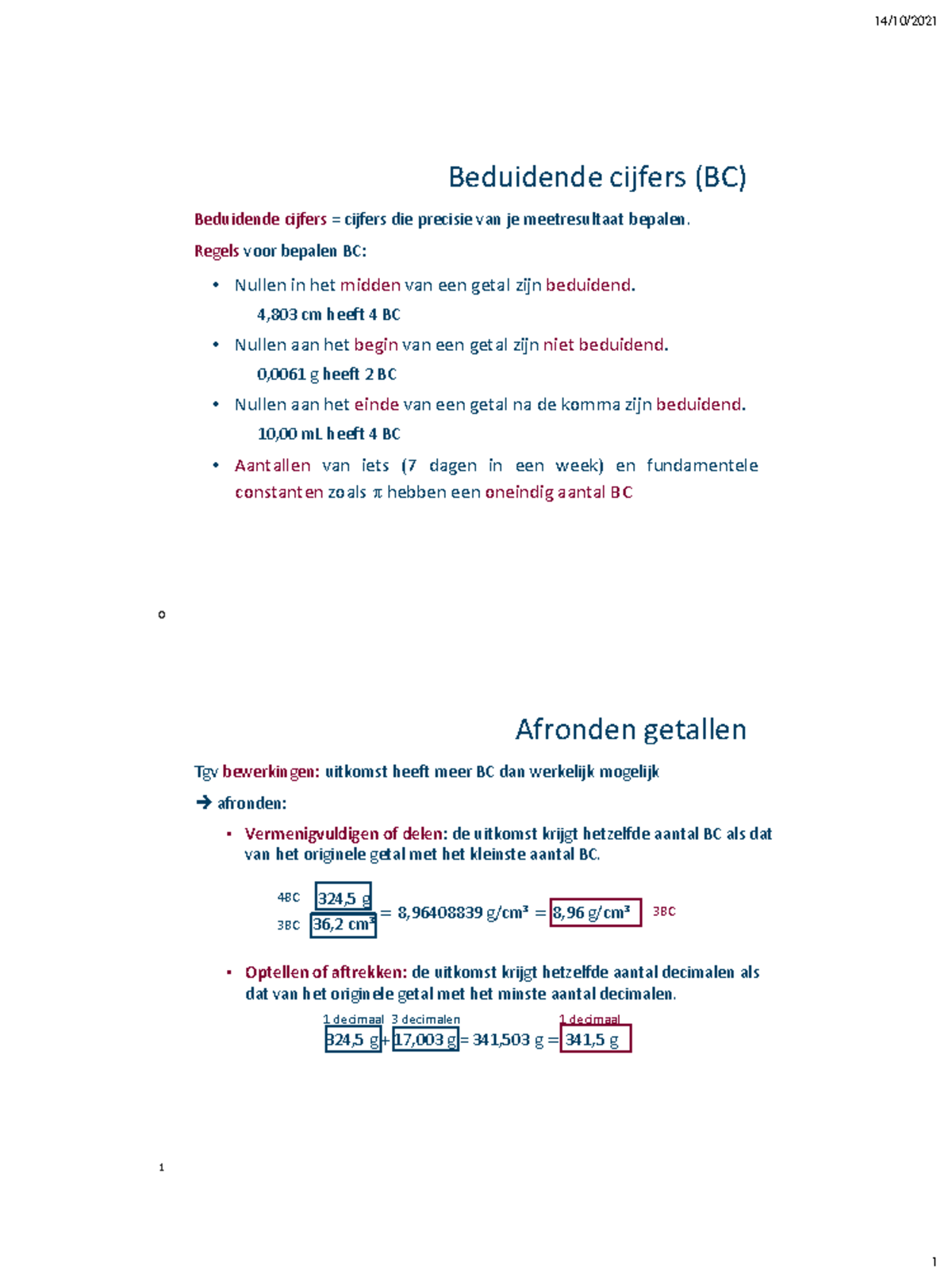 1 Eenheden & nomenclatuur - Beduidende cijfers (BC) Beduidende cijfers ...