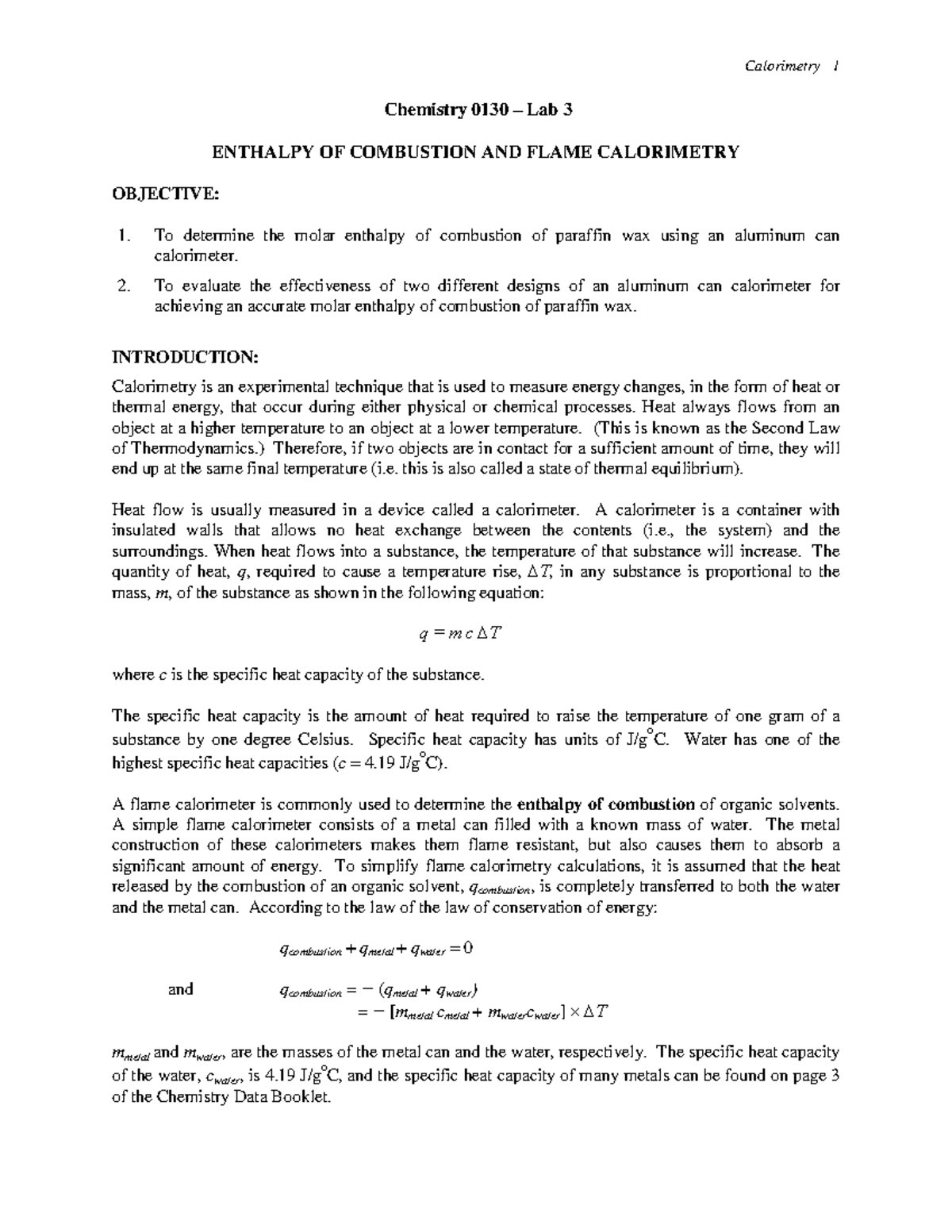 Lab 3 Flame Calorimetry Experiment F21 - Chemistry 0130 – Lab 3 ...