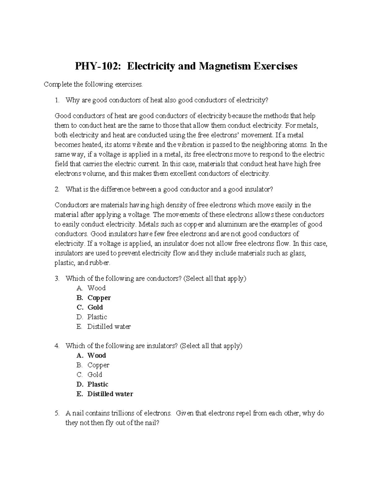 Week 4 Electricity and Magnetism Exercises Assignment - PHY-102 ...