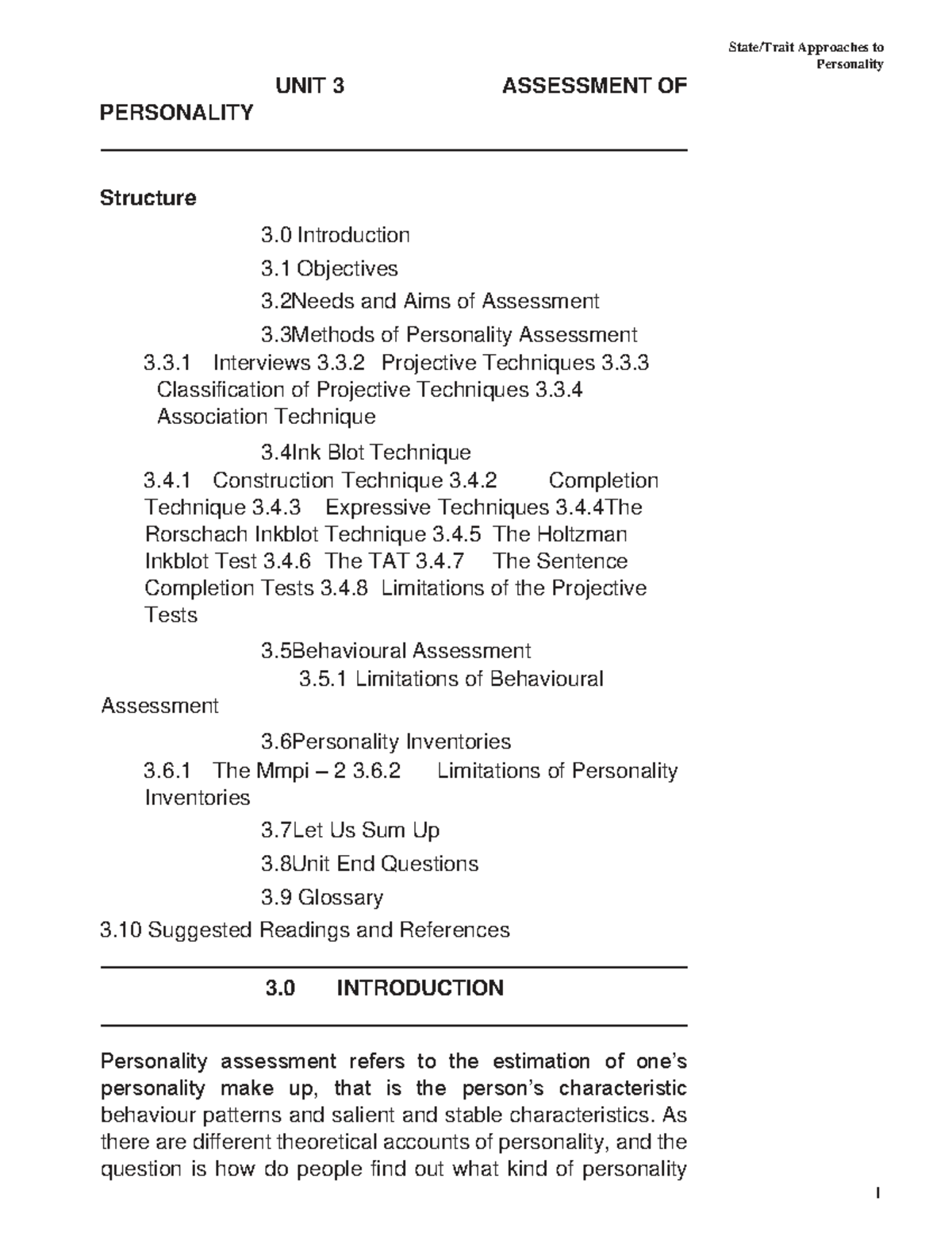 Assessment OF Personality - State/Trait Approaches to Personality UNIT ...