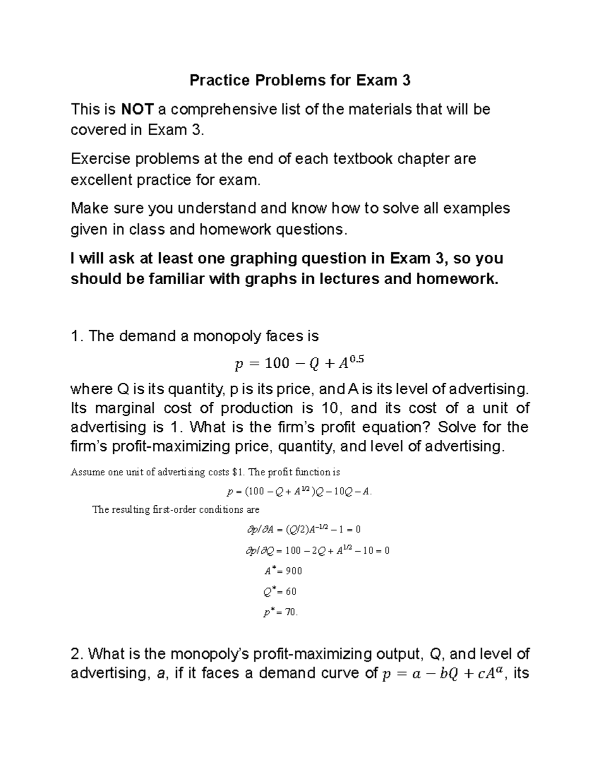 Practice Problems for Exam 3 Solutions - Practice Problems for Exam 3 ...