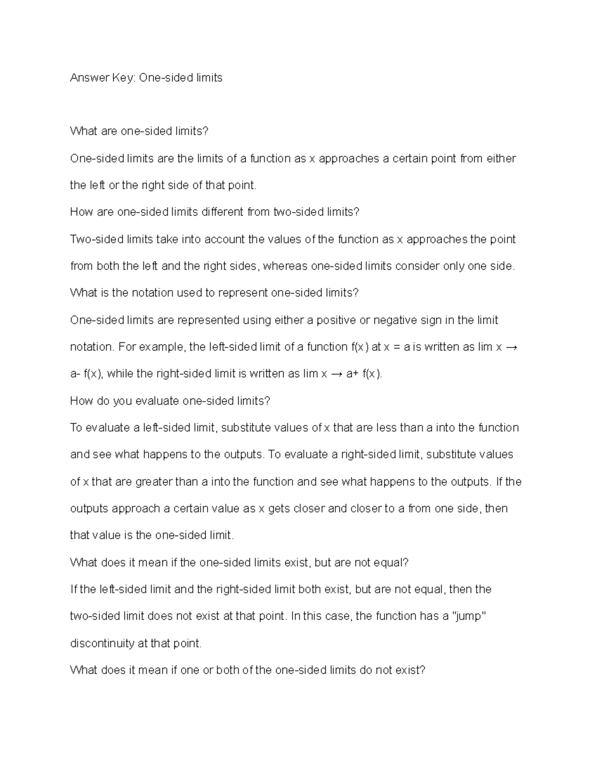 Answer Key One-sided limits - Answer Key: One-sided limits What are one ...