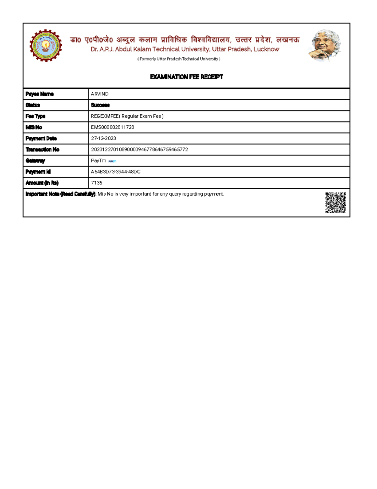 Payment Reciept - Summary B.tech - EXAMINATION FEE RECEIPT Payee Name ...