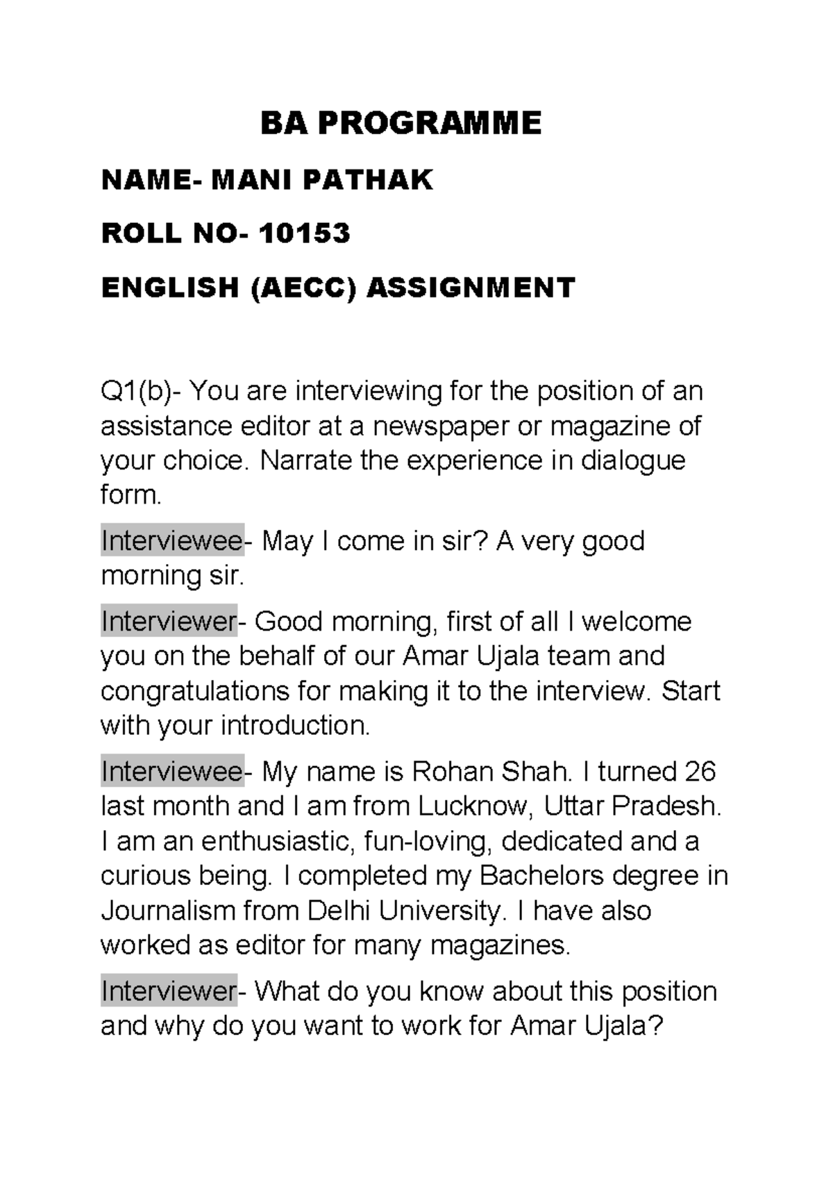 interview format and example - BA PROGRAMME NAME- MANI PATHAK ROLL NO ...
