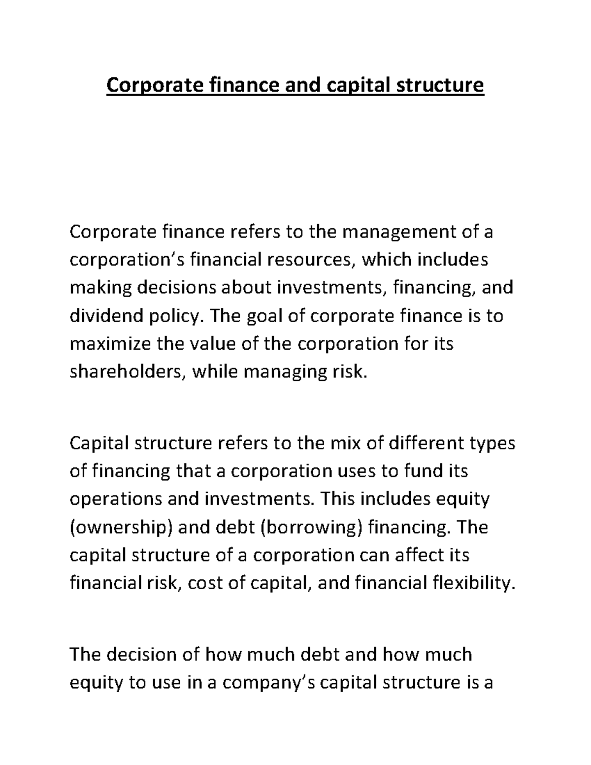 Corporate finance and capital structure 1 - Corporate finance and ...