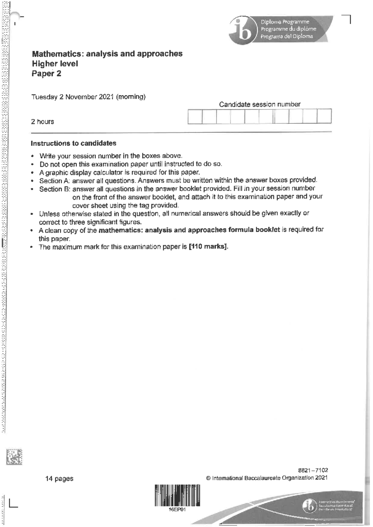 Nov 21 MAA HL P2 - Nov 21 MAA HL P2 - MATH 221 - Studocu