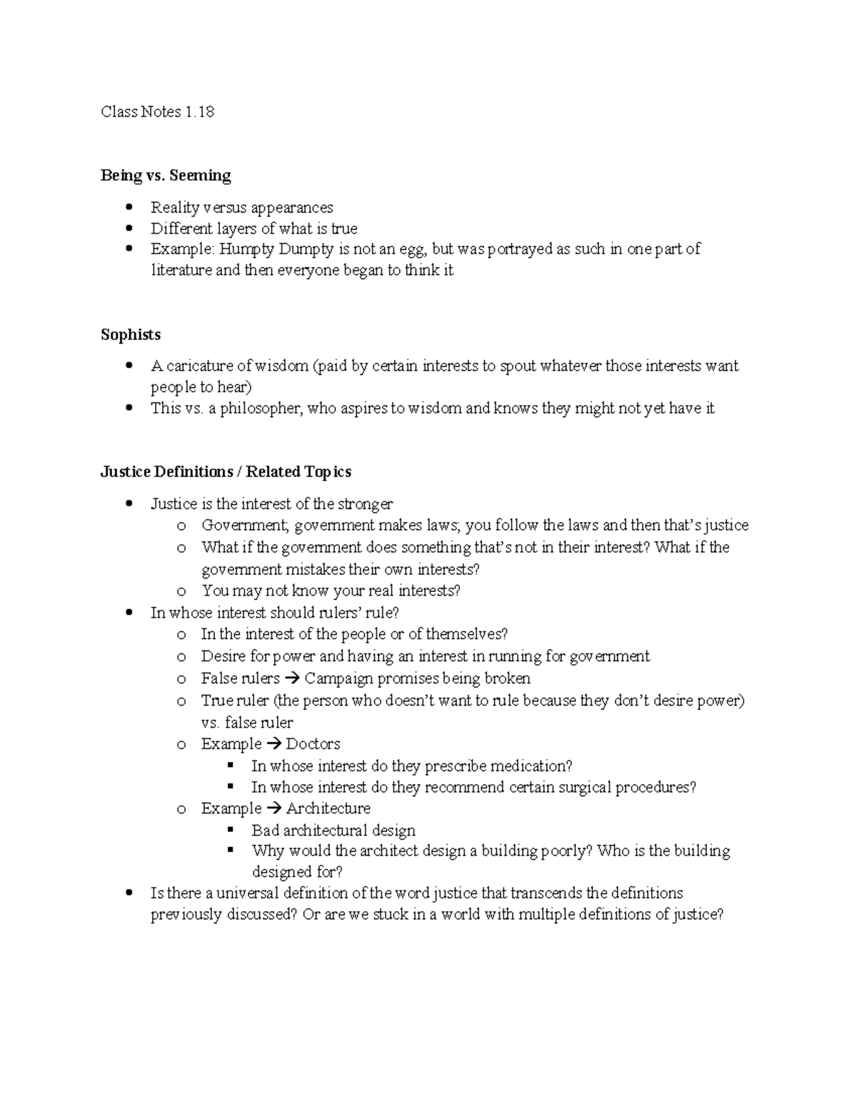 Class Notes on Being vs. Seeming Justice Telos and Unity - Studocu