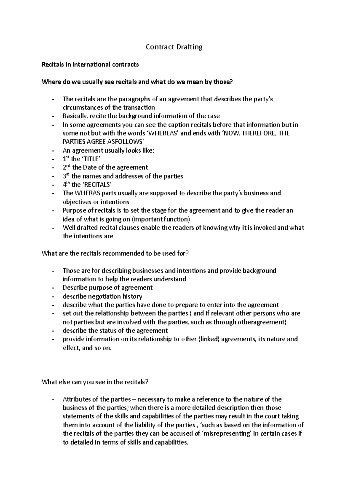 Contract Drafting summary - Contract Drating Recitals in internaional ...