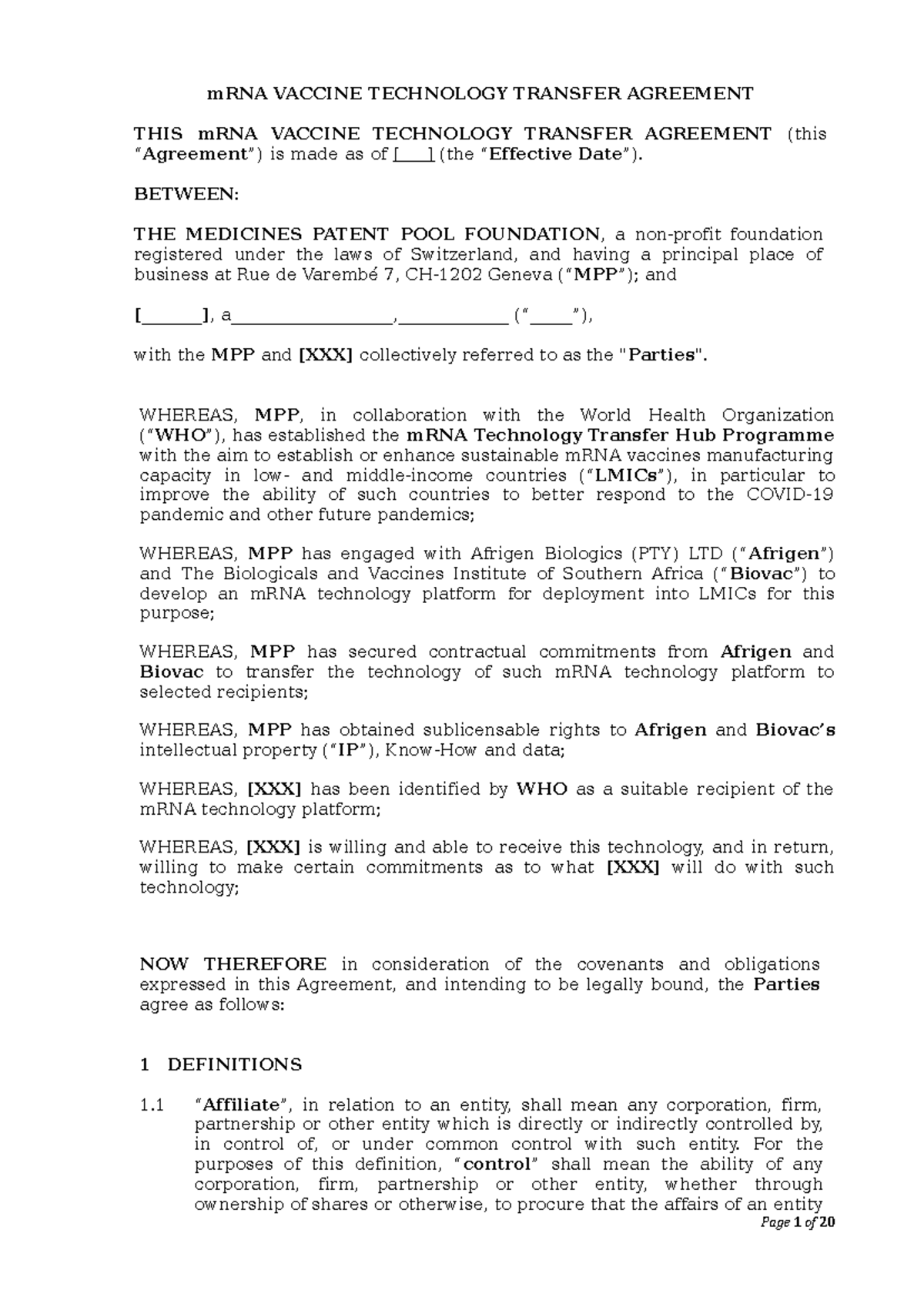 Technology Transfer Agreement Template - mRNA VACCINE TECHNOLOGY ...
