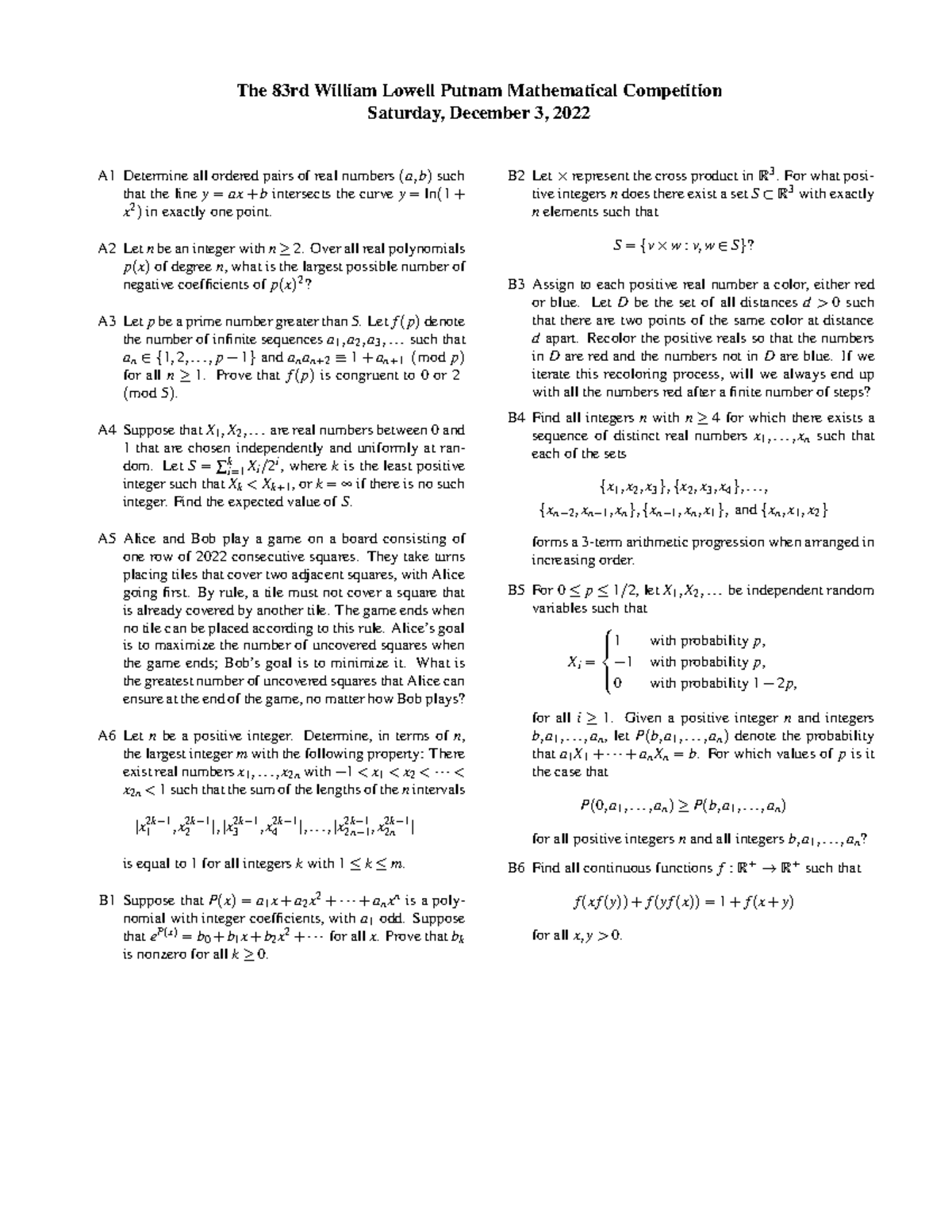 2022 - puna - The 83rd William Lowell Putnam Mathematical Competition ...